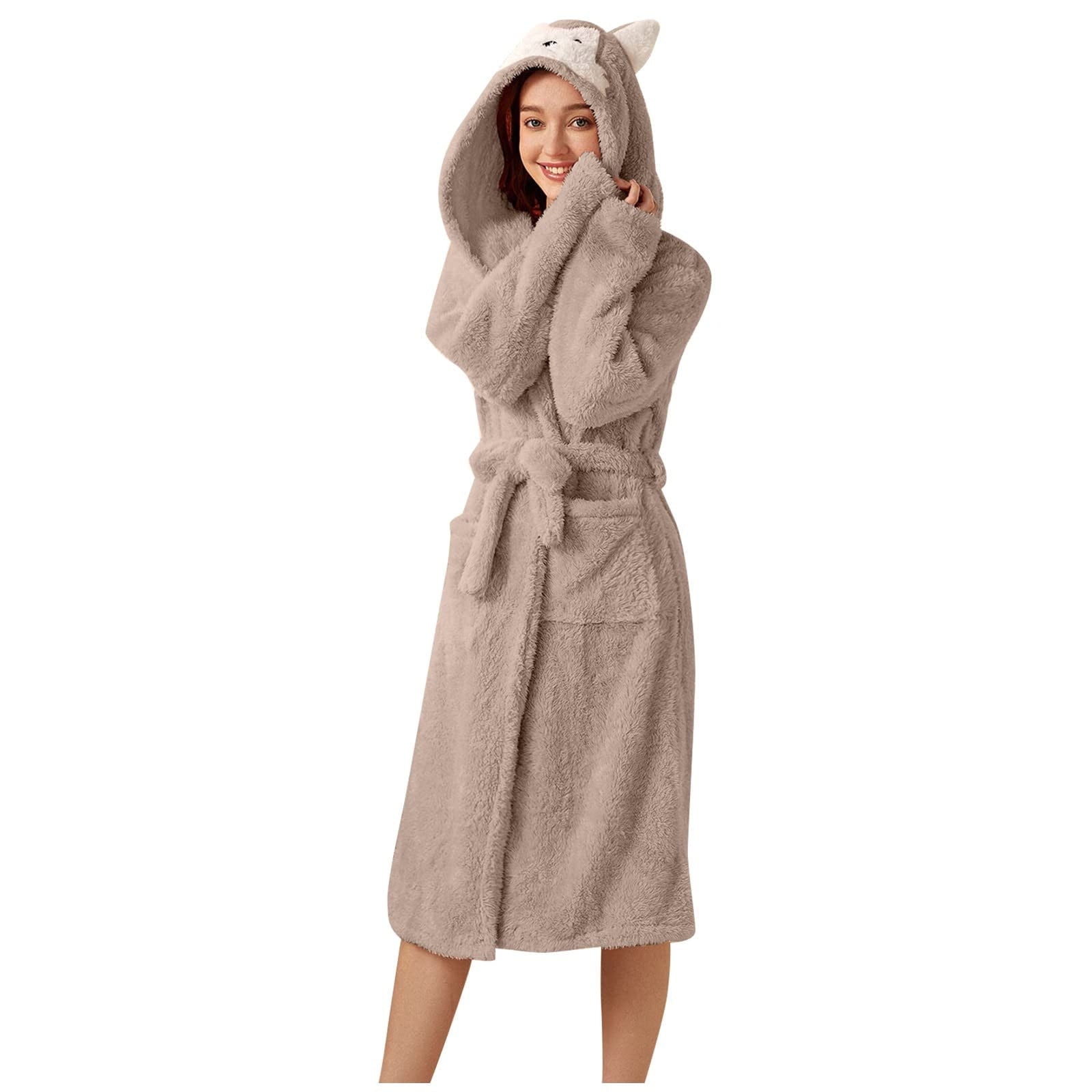 KIJBLAE Flannel Fleece Bathrobe Soft Fluffy Hooded Robe Long Plush ...