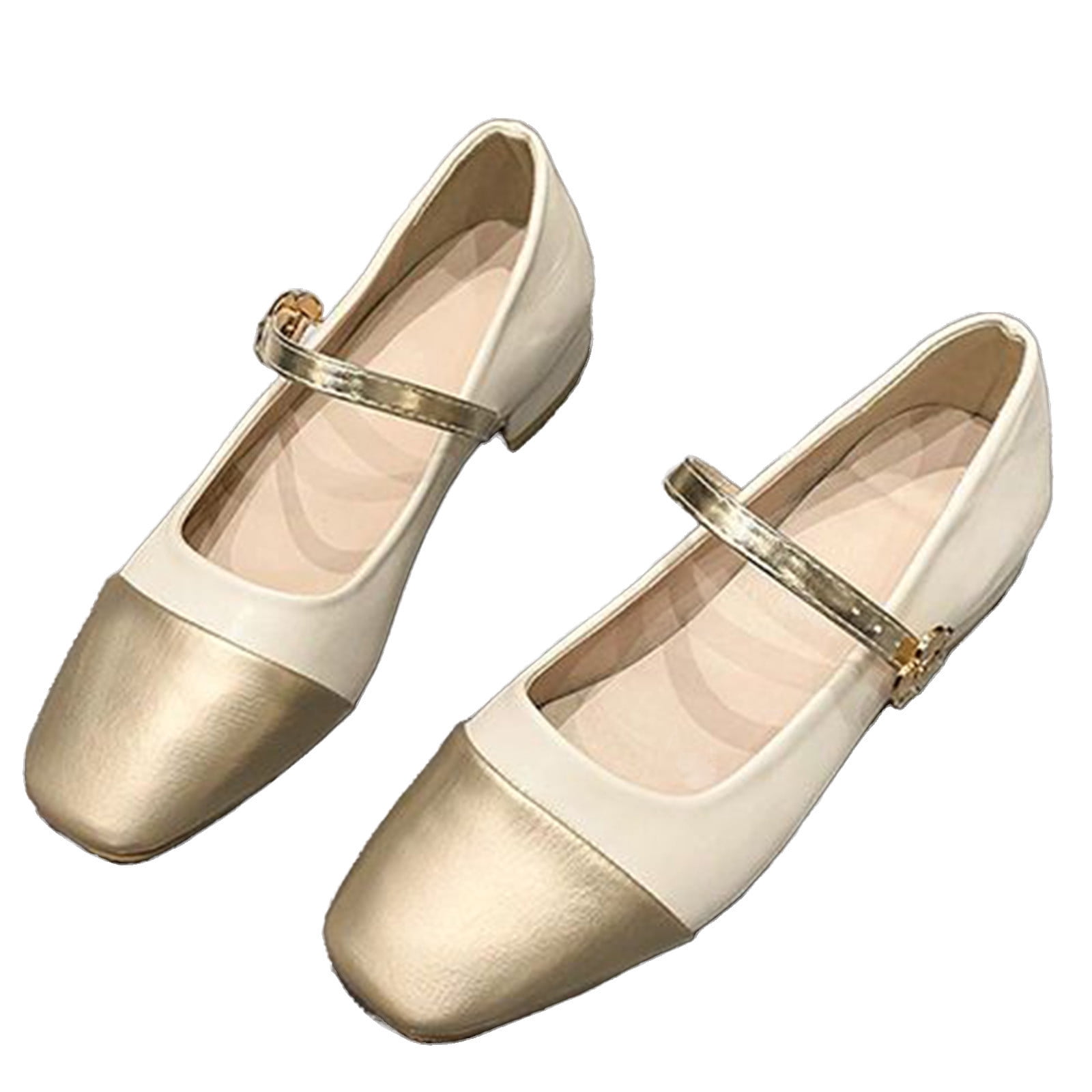 KIJBLAE Women Square Toe Flats Shoes Buckle Strap Faux Leather Two Tone ...