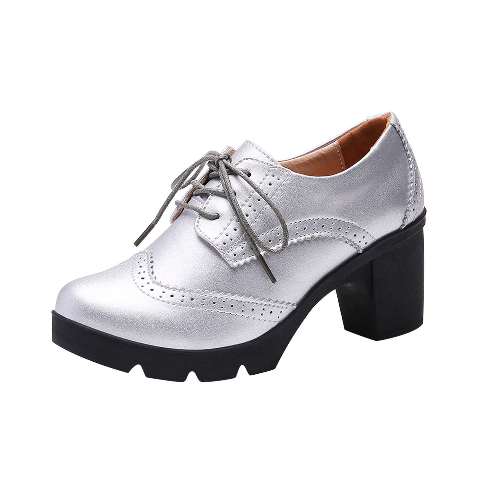 KIJBLAE Women's Brogue Shoes Chunky Heels Oxford Shoes Thick Sole Lace ...