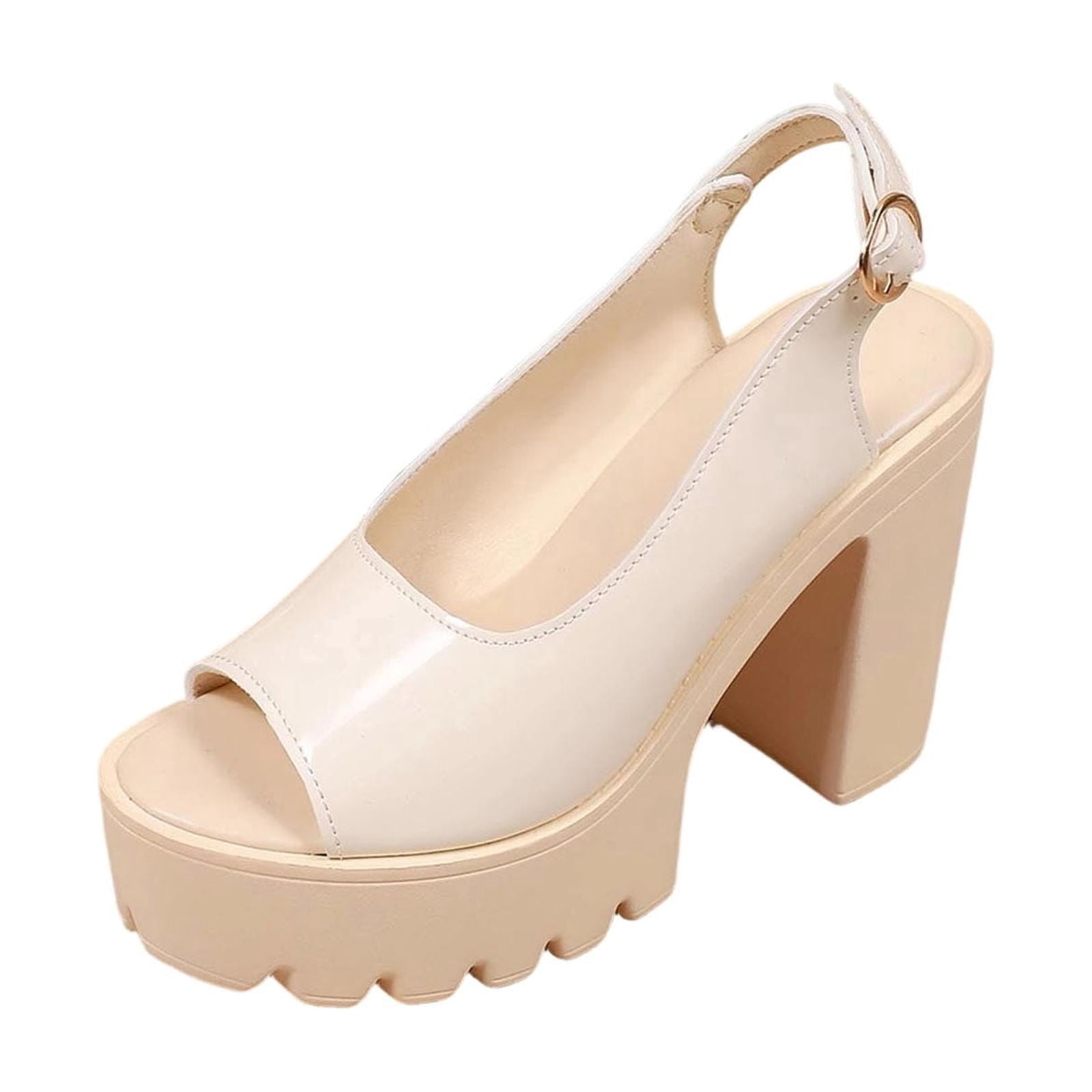 KIJBLAE Women's Platform Block Heel Sandals, Peep Toe with Slingback ...