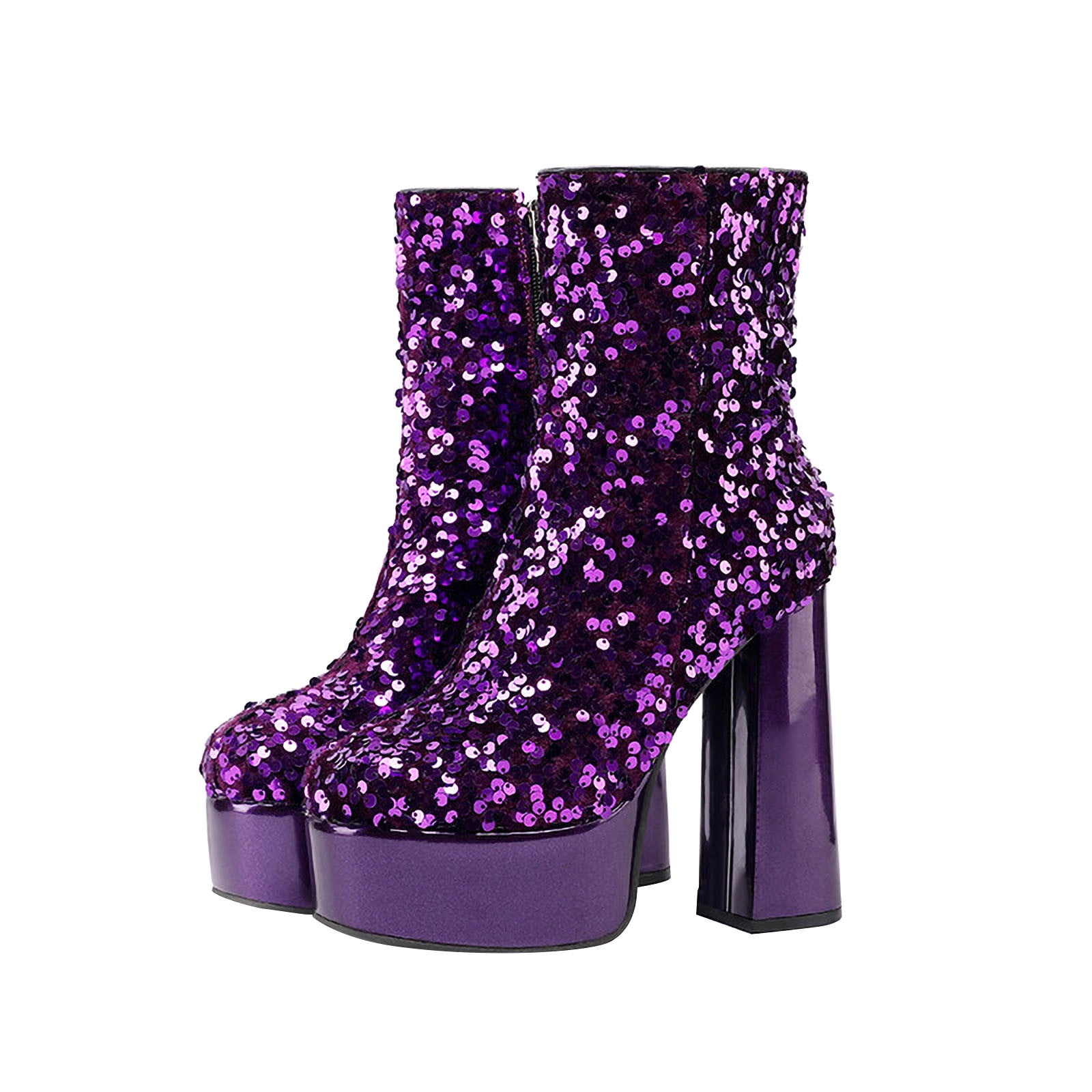 KIJBLAE Women's Sequined Boots Chunky Heel Ankle Booties High Heels ...
