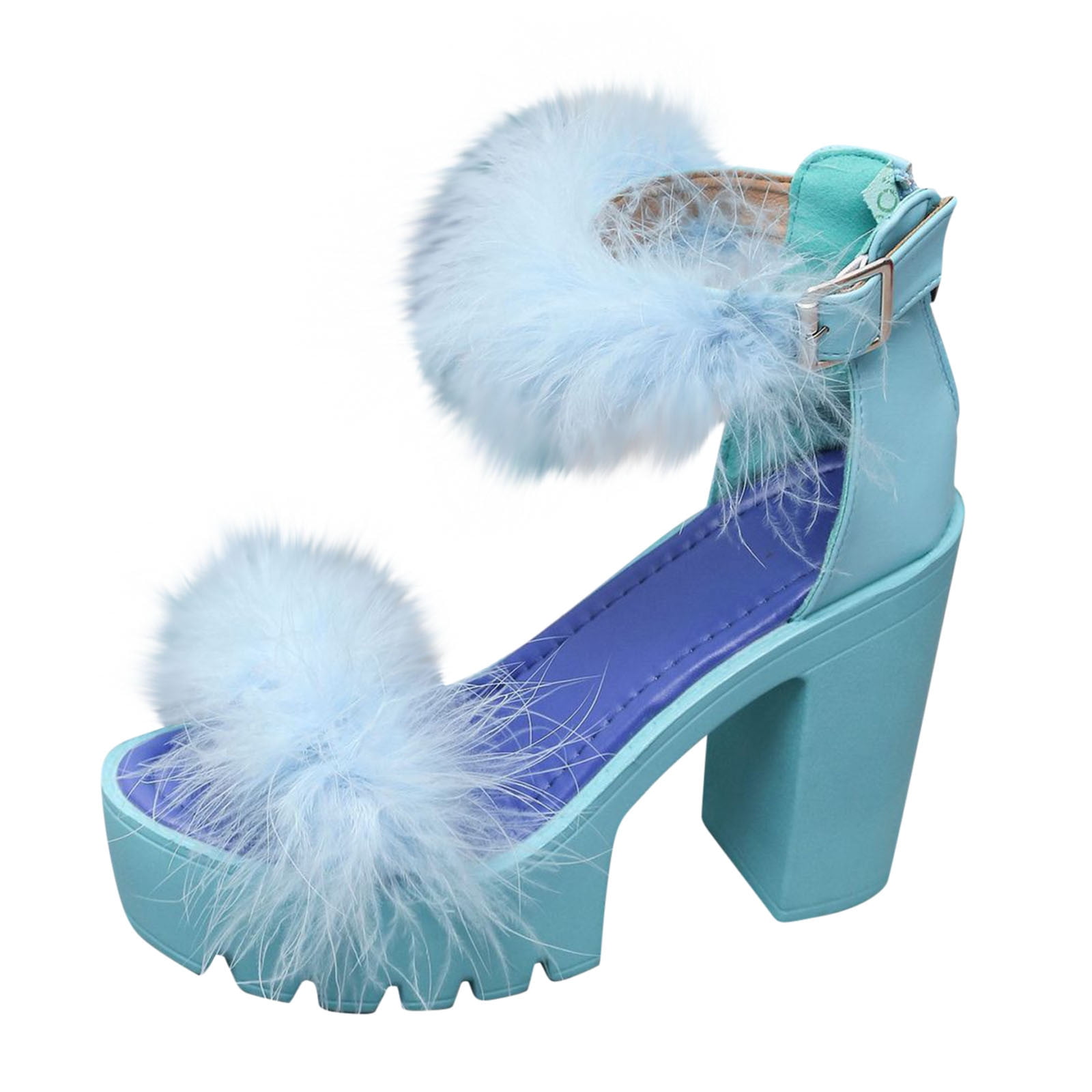 KIJBLAE Women's Summer Fluffy Furry High Heel Sandals Chunky Buckle ...