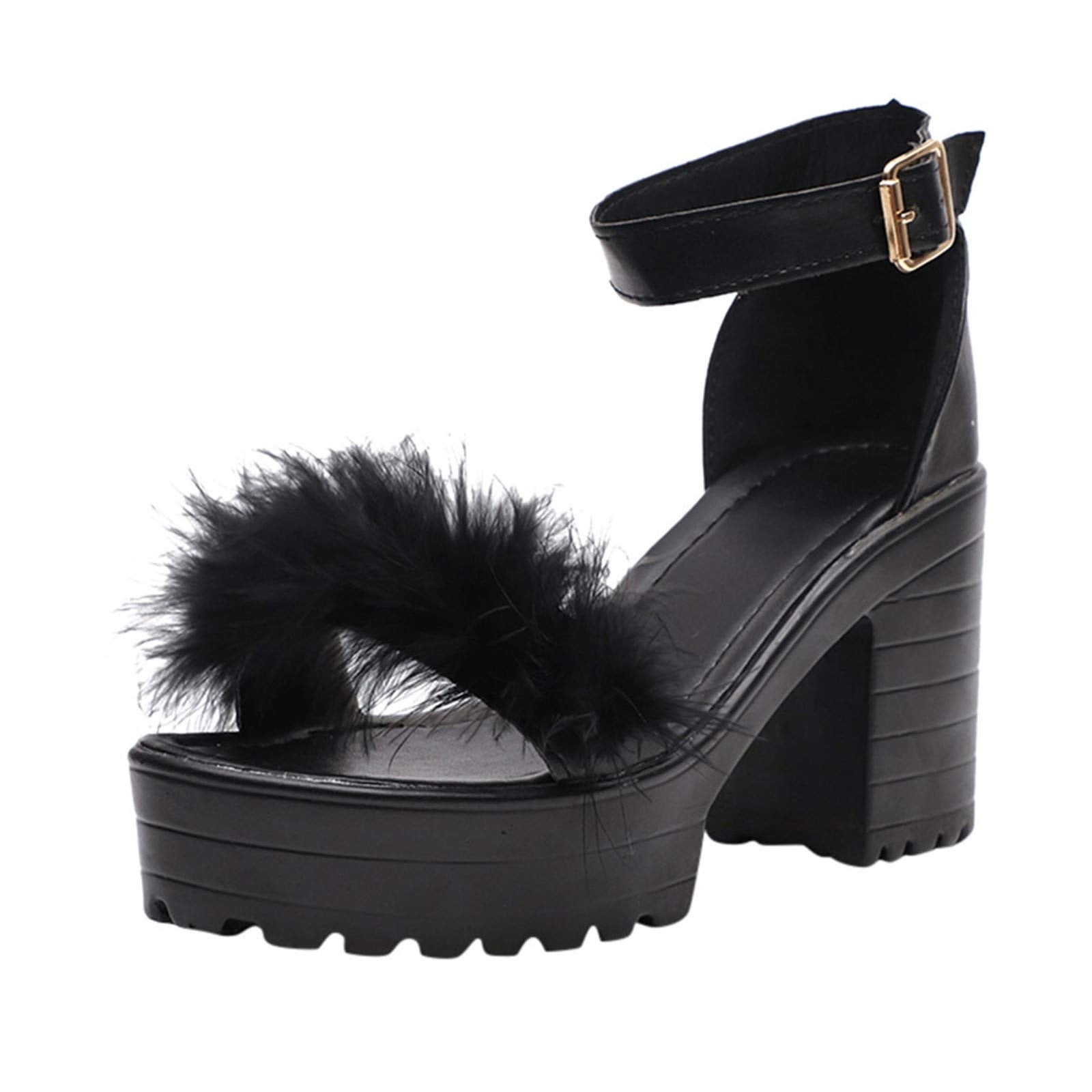KIJBLAE Women's Summer Platform Sandals Ankle Strap Fluffy Furry High ...