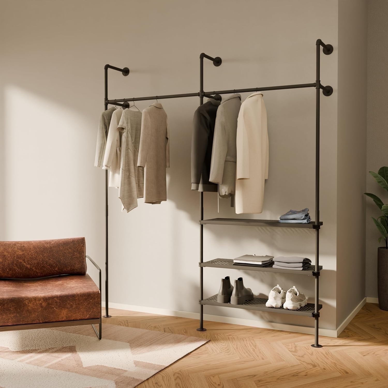 pamo Industrial Pipe Clothing Rack with Shelf - 520 lbs Capacity - Wall ...