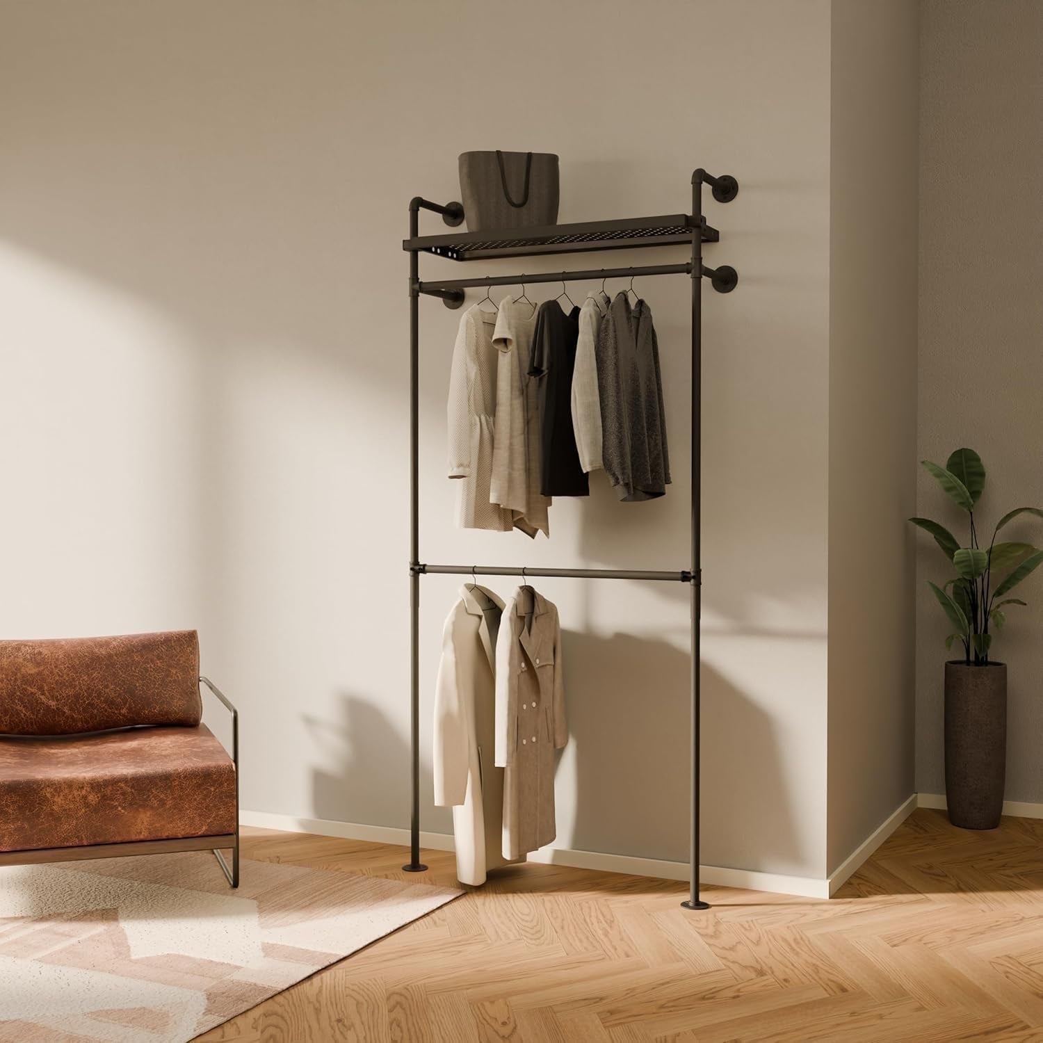 pamo Industrial Pipe Clothing Rack with Shelf - 440 lbs Capacity - Wall ...