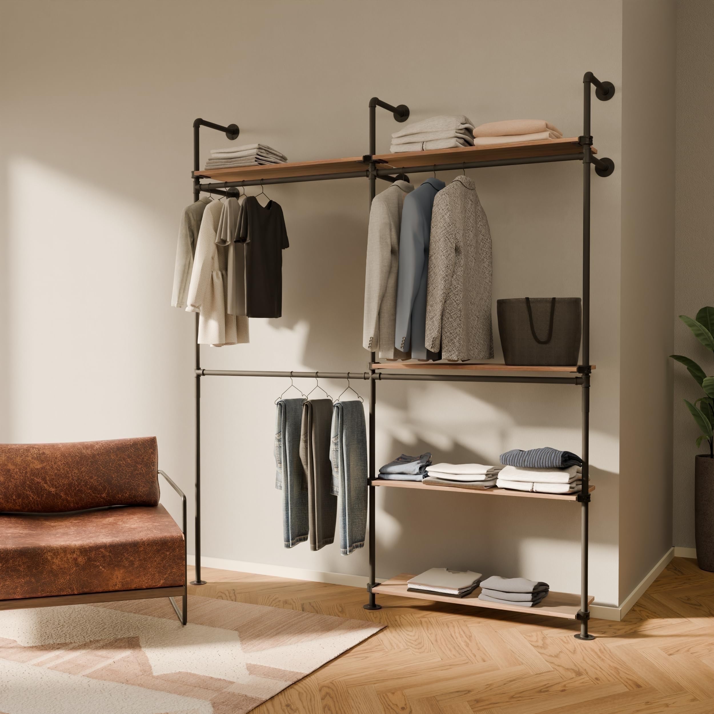 pamo Industrial Pipe Clothing Rack with Shelf - 790 lbs Capacity - Wall ...