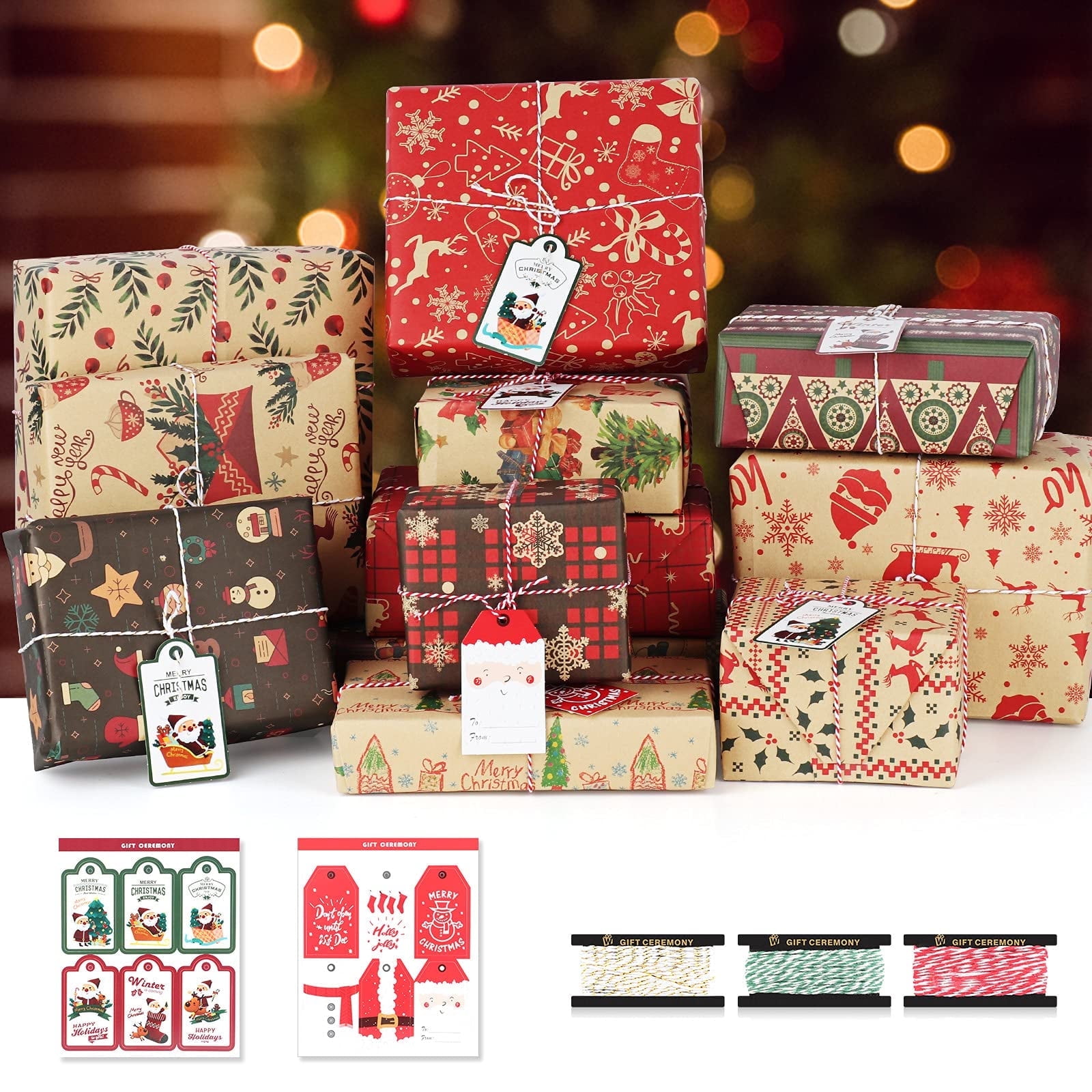 KIMHY Wrapping Paper 12 Sheets, Christmas Wrap Paper with 12 Cute ...