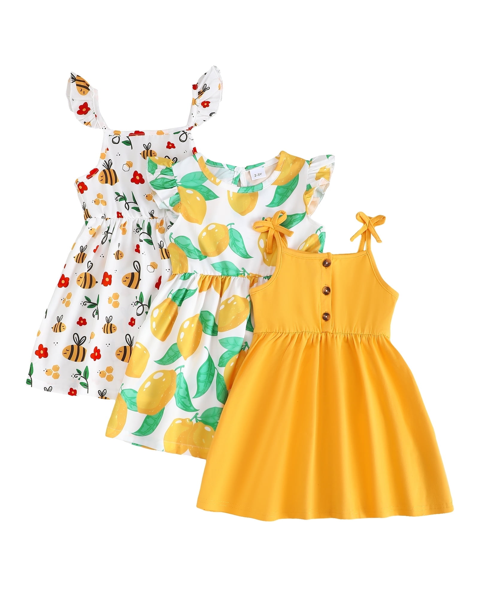 KIMI BEAR 2T Toddler Girls Summer Dress 3T Toddler Girls Sundress 3 Packs Sleeveless Halter A ...