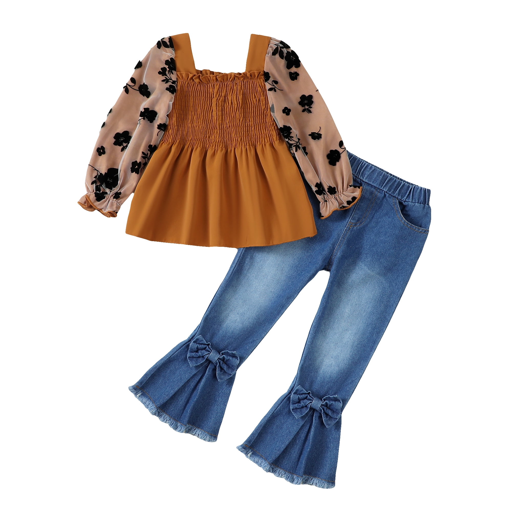 KIMI BEAR 6T Little Girls Pant Sets Fall 7T Little Girls Square Neck Puff Long Sleeves Top ...