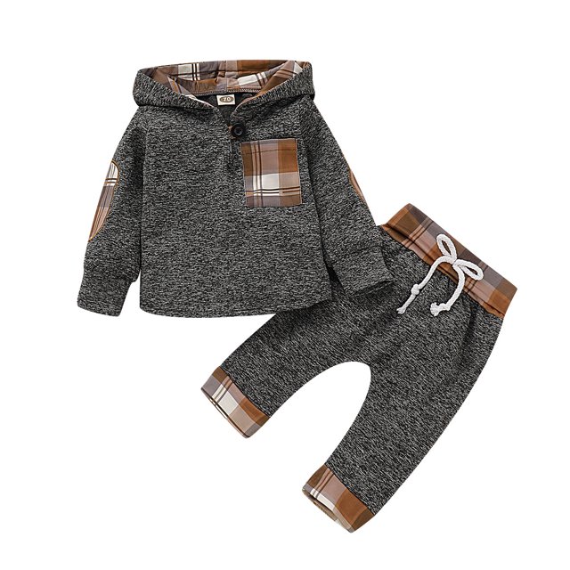 Kimi Bear Newborn Baby Boys Cozy Hooded Plaid Top + Pants Set, Autumn