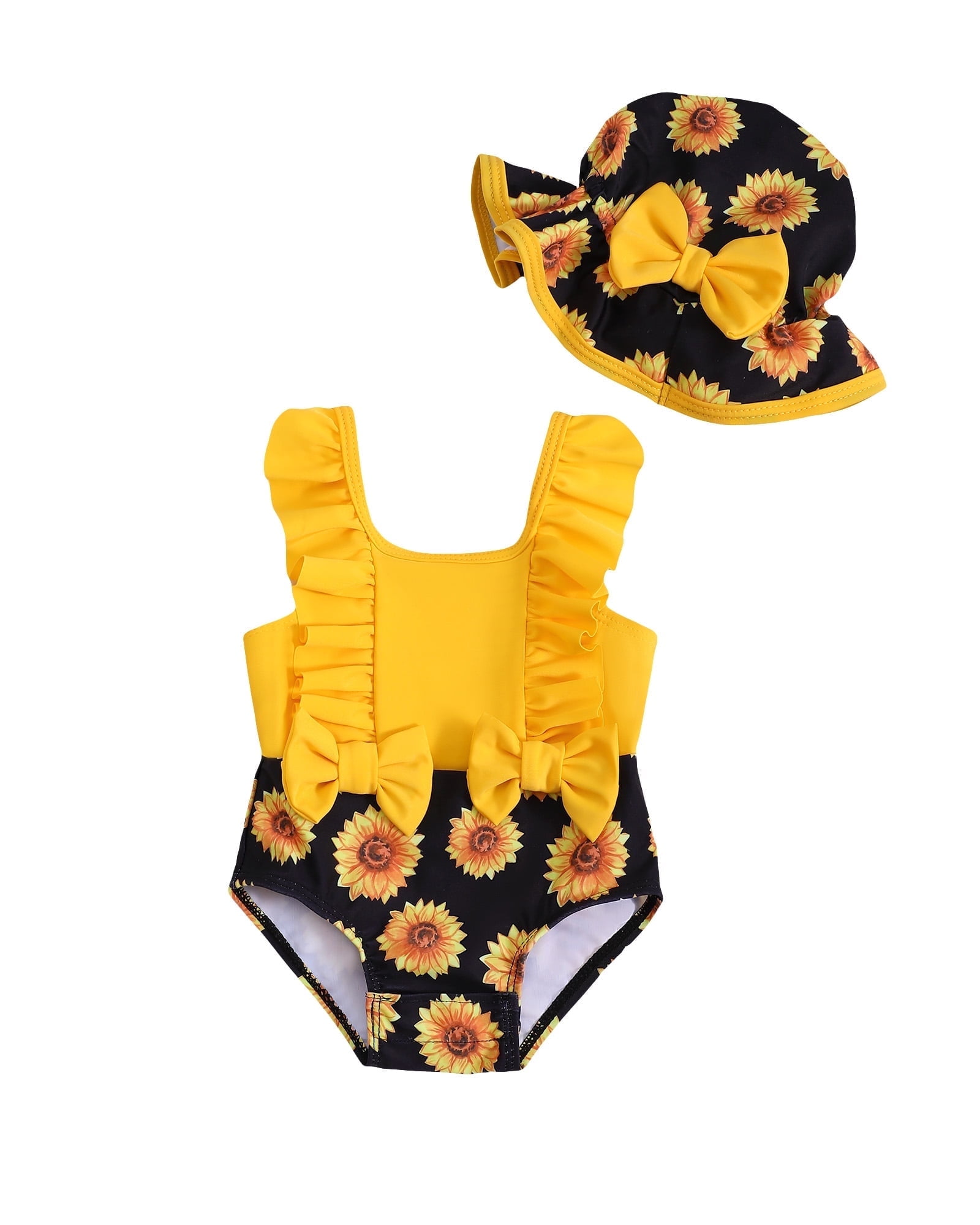 Kimi bear Baby Girls One-piece Swimsuit with Hat, 3-6 Months, Ruffle ...