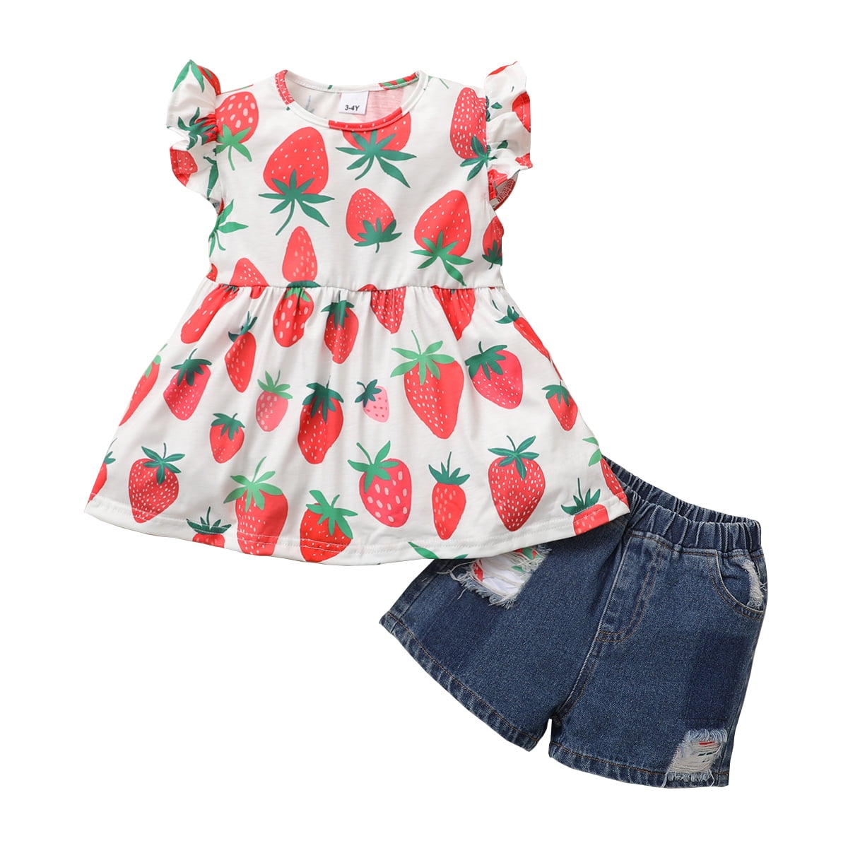 KIMI BEAR 3T Toddler Girls Strawberry Print Outfit, Fly Sleeve Top ...