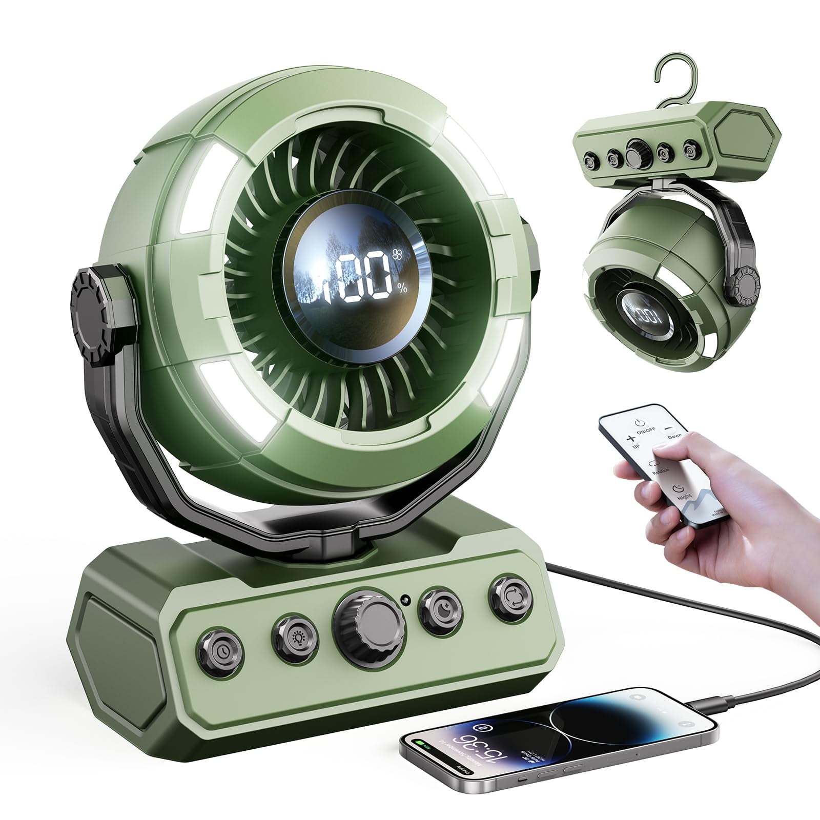 KIMMOO 20000mAh Camping Fan with Light, 80Hrs Max 100 Speeds, Portable ...