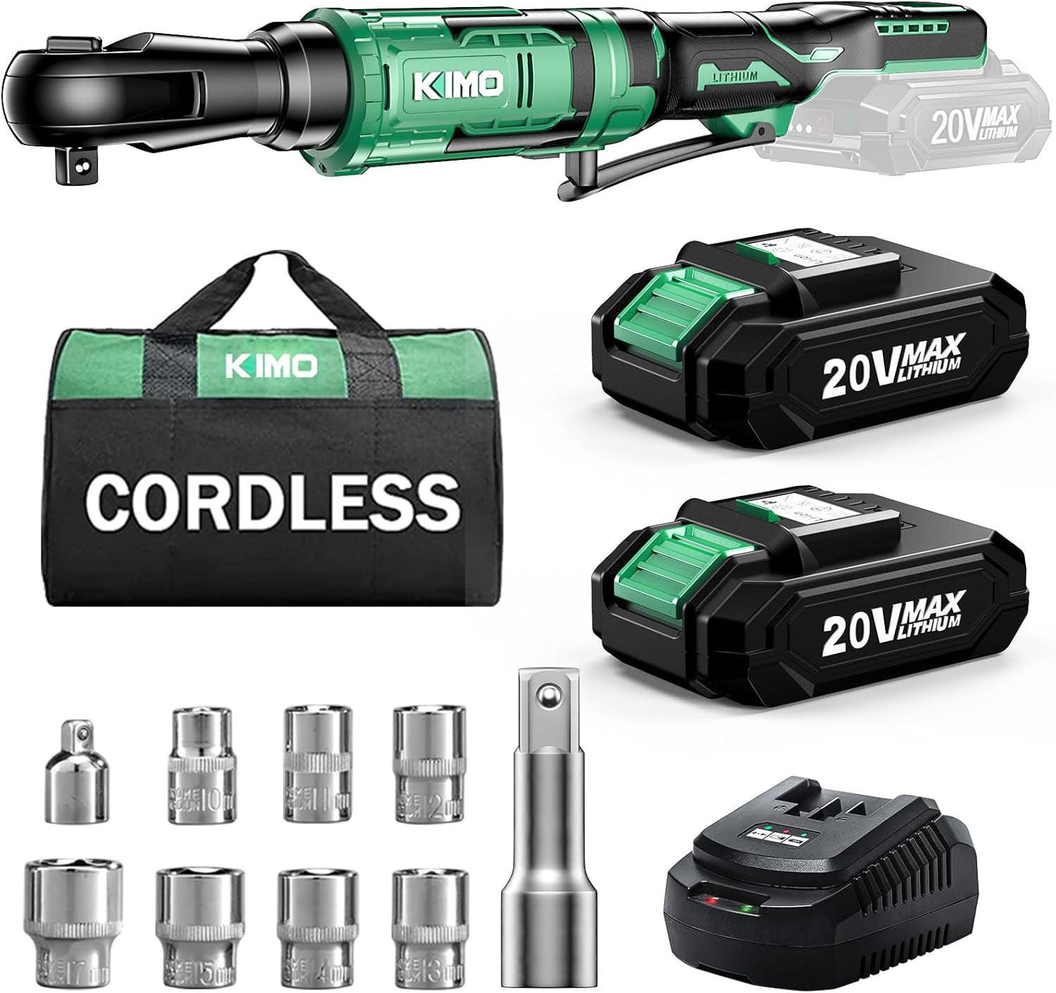 KIMO 20V Cordless Ratchet Wrench 1/2" Set, 74 Ft-lbs 400 RPM Electric ...