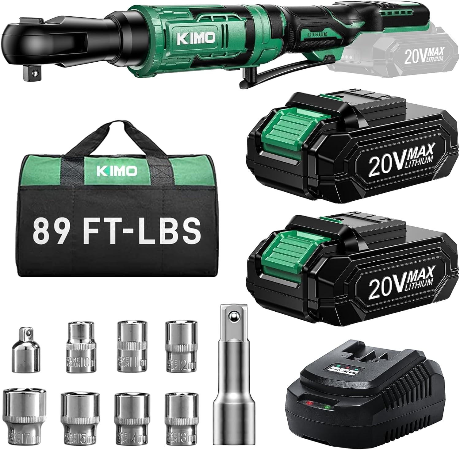 KIMO 20V Cordless Ratchet Wrench 3/8 Set, 89 Ft-lbs 400 RPM Electric Ratchet Wrench, 2x2.0Ah Li ...