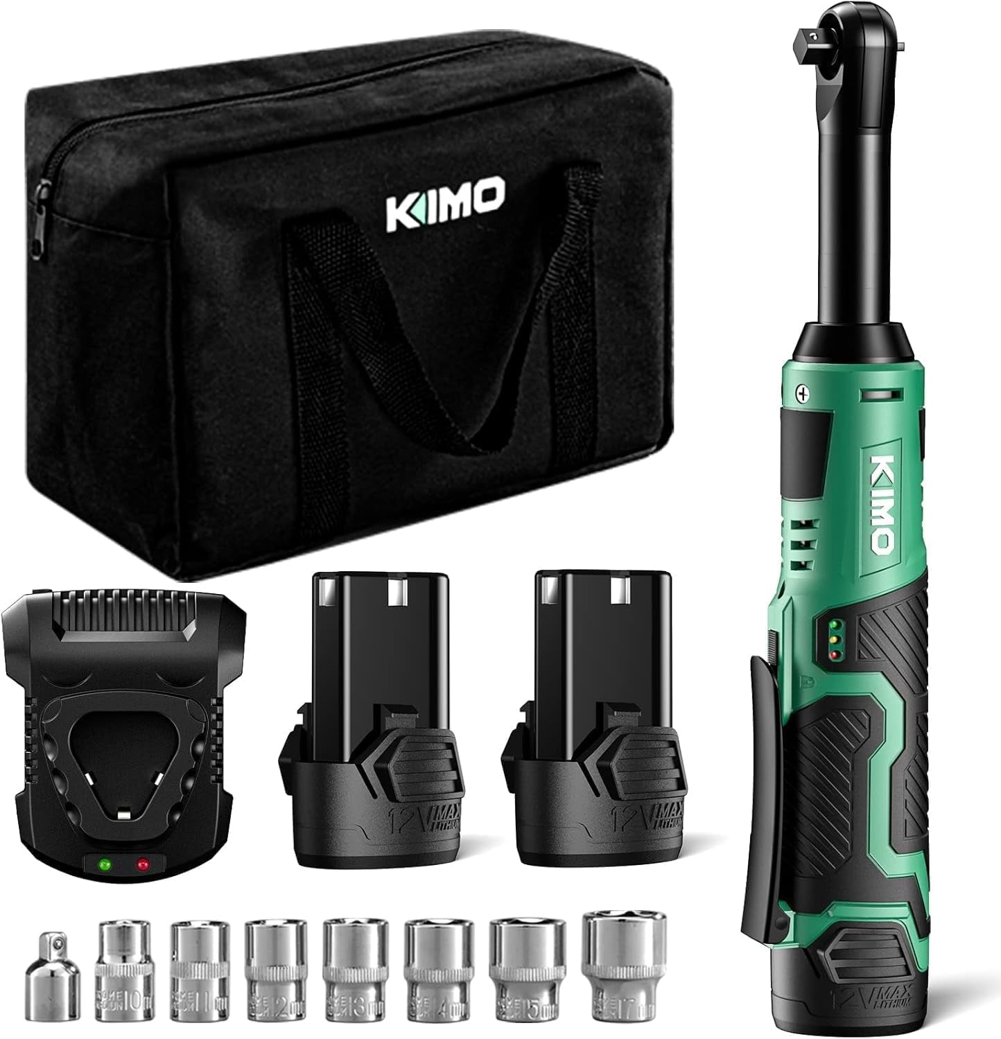 KIMO 3/8" 12V Extended Electric Ratchet Wrench Set, 40 Ft-Lbs 400 Rpm ...