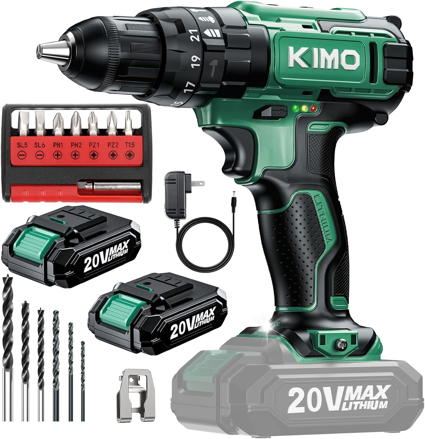 KIMO Hammer Drill - 20V 2X Battery Hammer Drill Cordless Drill Set, 350 ...