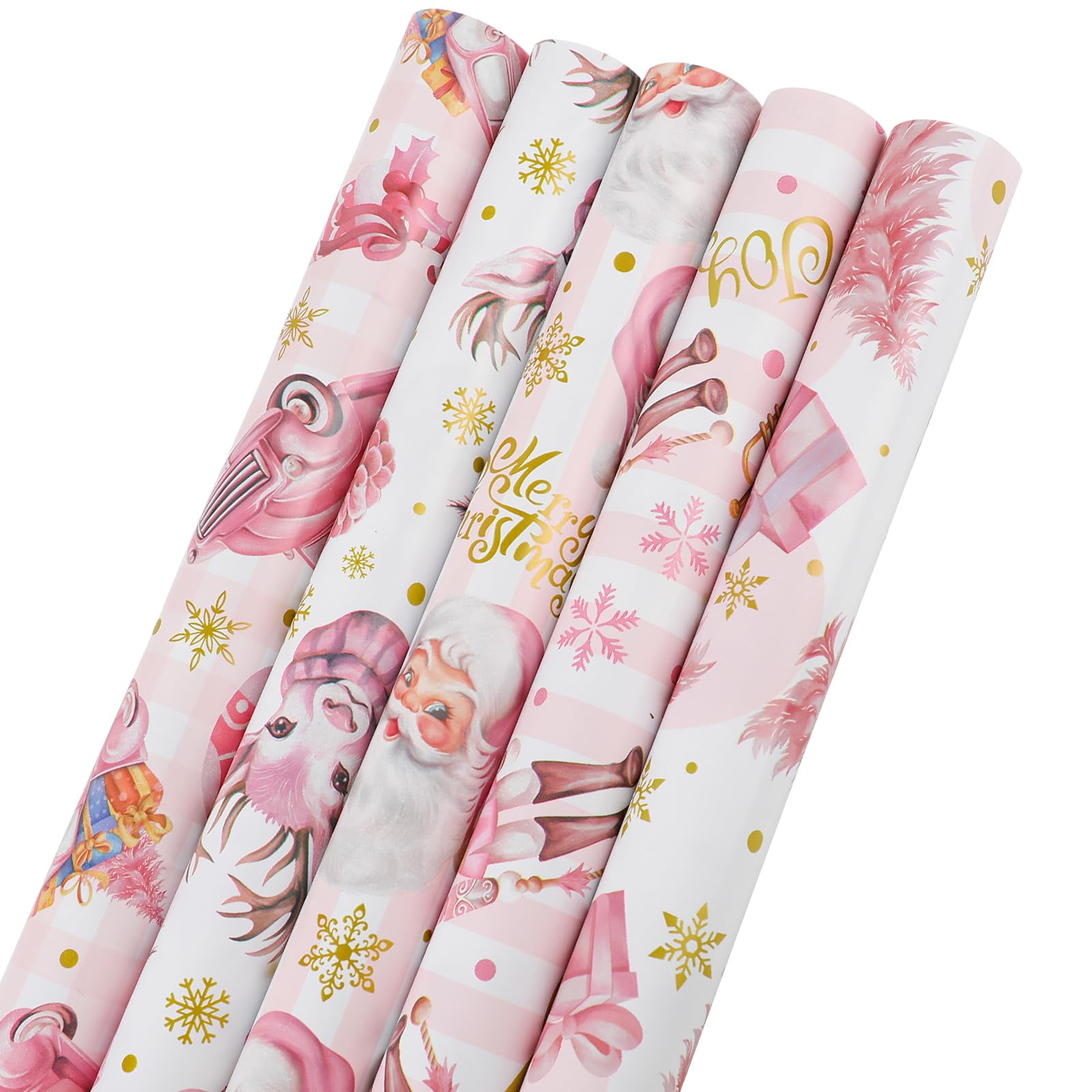 KIMOBER 5 Rolls Christmas Wrapping Paper,Pink AIS1 Paper with Retro ...