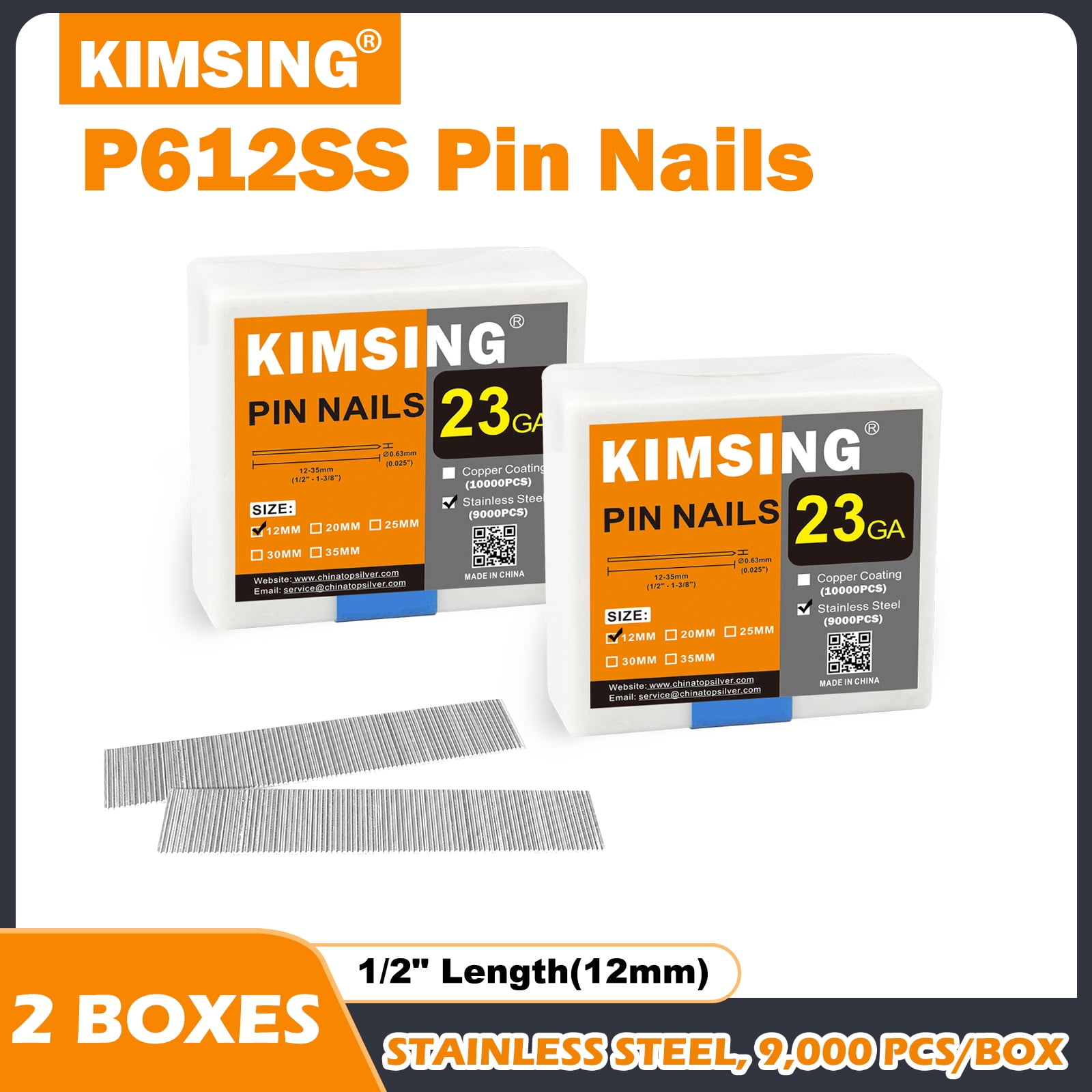 KIMSING P612SS 23 Gauge Stainless Steel Micro Pin Nails, 9,000 PCS/Box ...