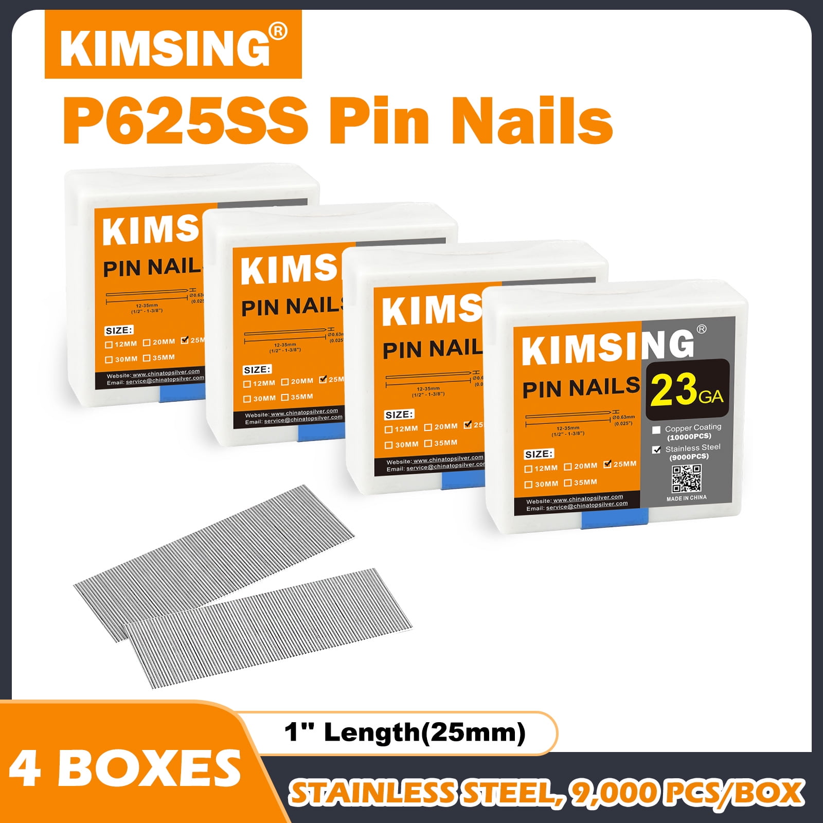 KIMSING Headless Pin Nails P625SS Stainless Steel, 9000PCS*4 Boxes ...