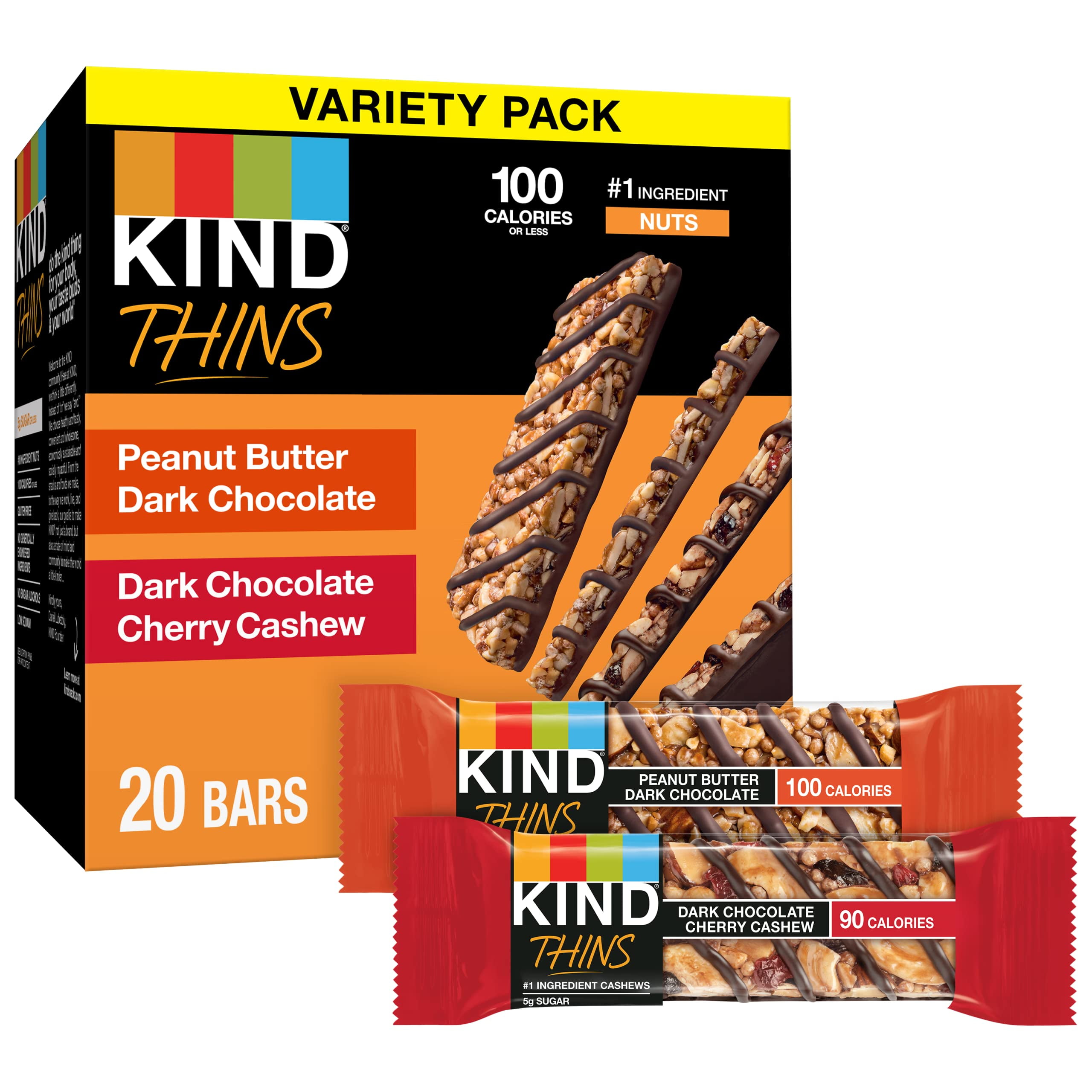 KIND Thins Snack Bars, 2 Flavor Variety Pack, Gluten Free, 100 Calorie ...