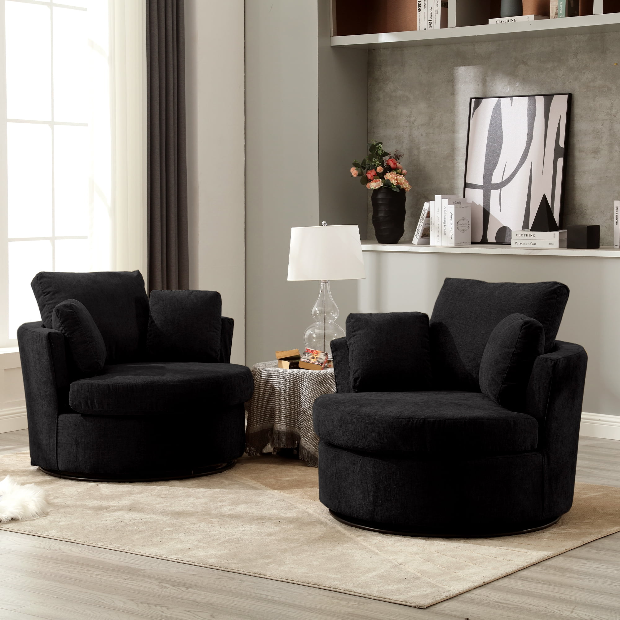 KINFFICT 2 Pieces Chenille Swivel Barrel Chair, Oversized Accent Chair ...
