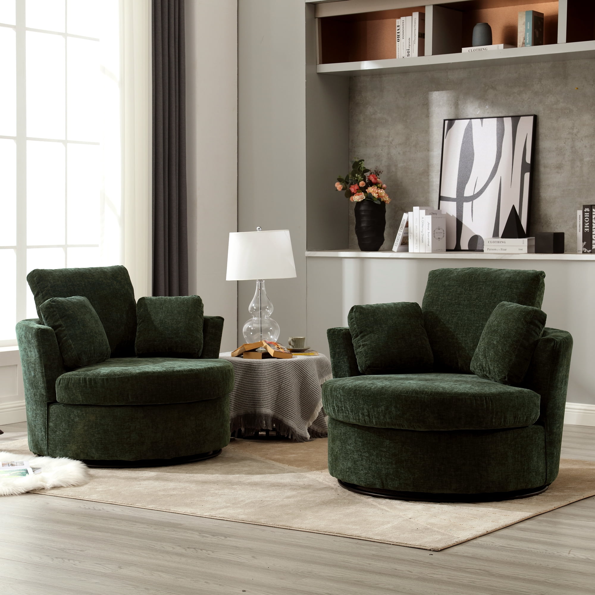 KINFFICT 2pc Chenille Swivel Barrel Chair, Comfy Armchair for Living ...