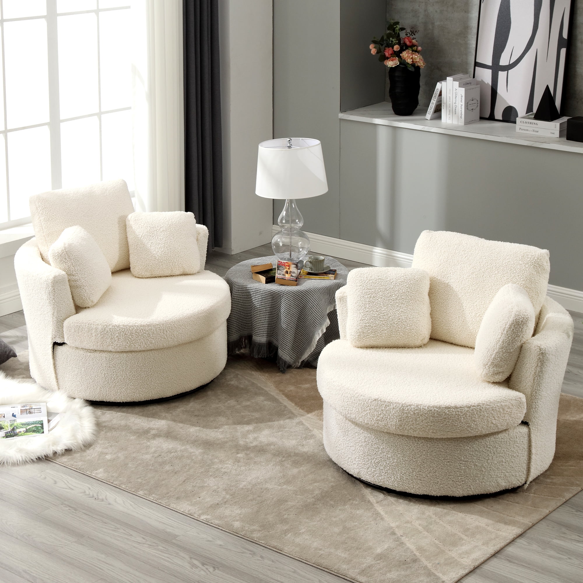 KINFFICT Teddy Swivel Barrel Chair, 2 Pieces, Oversized Accent Armchair ...