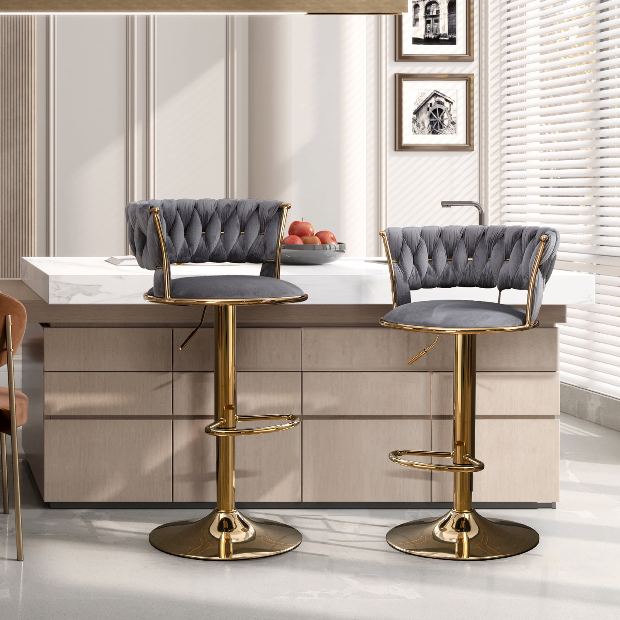KINFFICT 2 Set Modern Velvet Swivel Bar Stools with Woven Back for ...