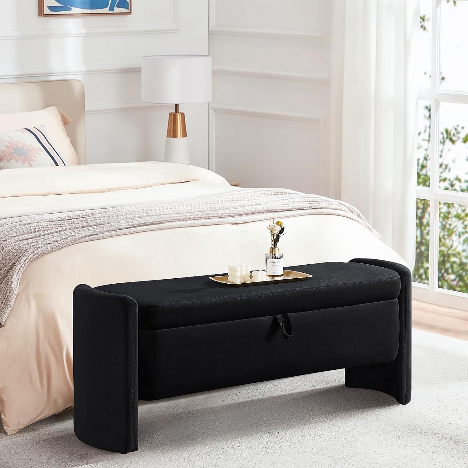 KINFFICT Storage Ottoman , Upholstered Velvet Storage Oval End of Bed ...