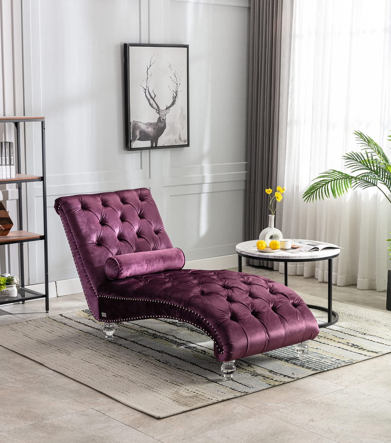 KINFFICT Velvet Chaise Lounge Chair with Toss Pillow, Modern Tufted ...