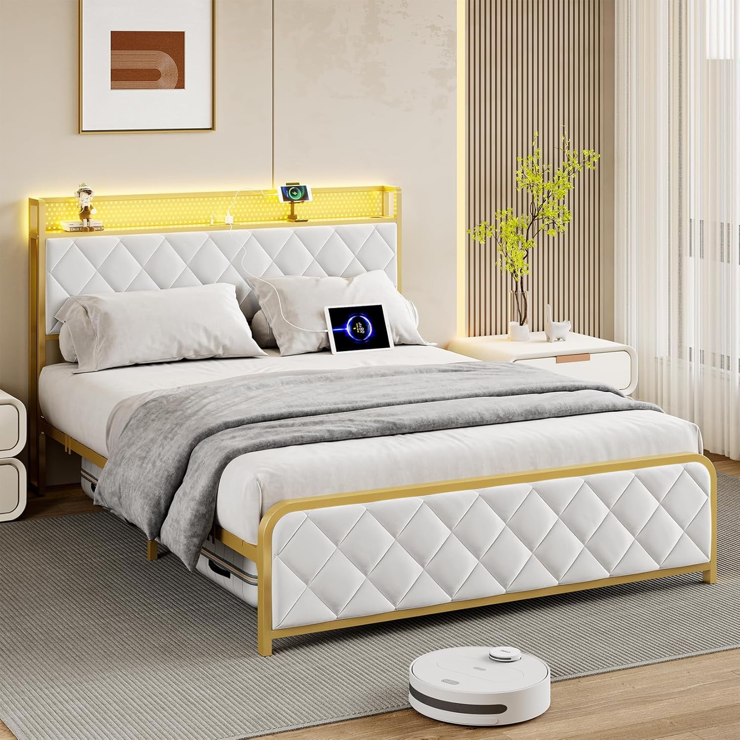 KING Bed Frame with Velvet Storage Headboard , Full Platform Bed Frame ...