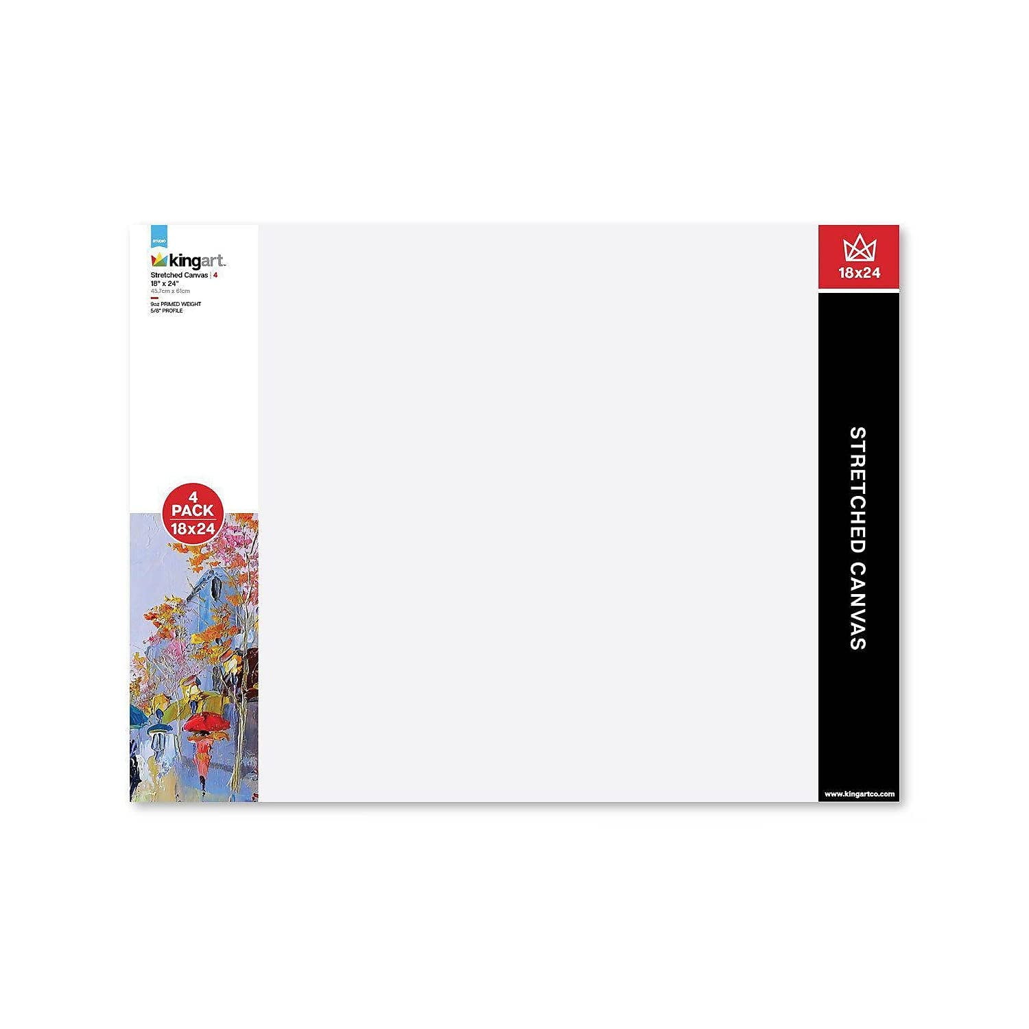 KINGART Stretched White Canvas 18" x 24", 100% Cotton, Gesso-Primed, 4 ...