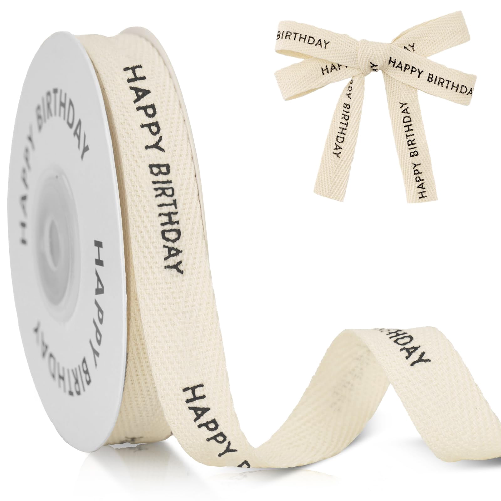KINGLAKE Happy Birthday Cotton DHF10 Ribbon 5/8 Inch x 10 Yards Natural ...