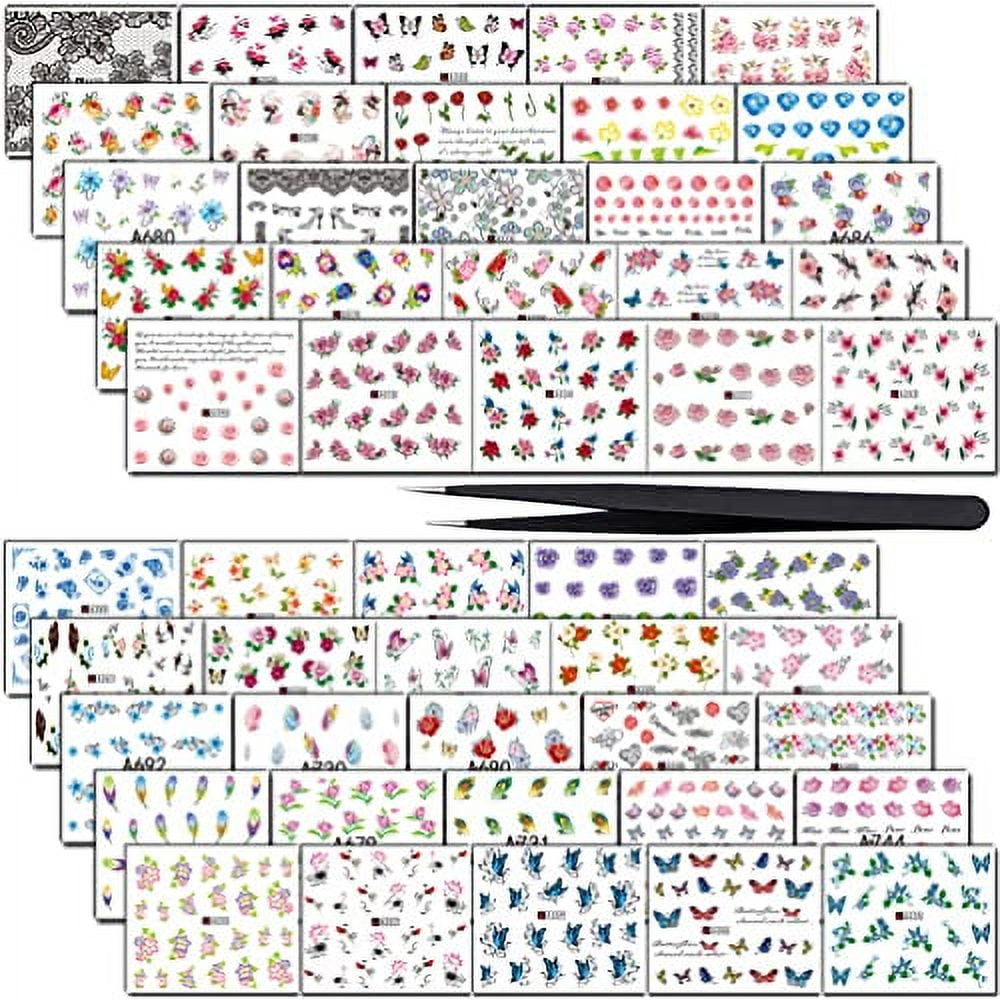 KINGMAS 50 Sheets Nail Art Stickers, DIY Nail Decals Butterfly, Flowers ...
