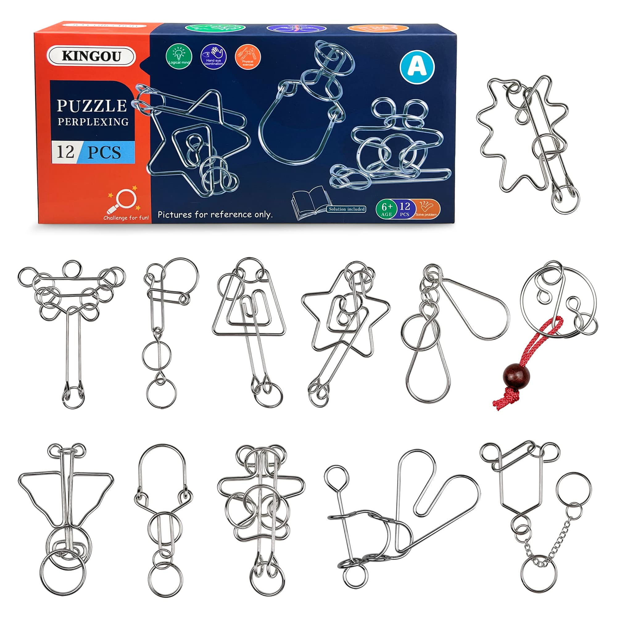 KINGOU Metal Wire Brain MMF7 Puzzles Set 12 Pcs Brain Teaser Puzzle ...
