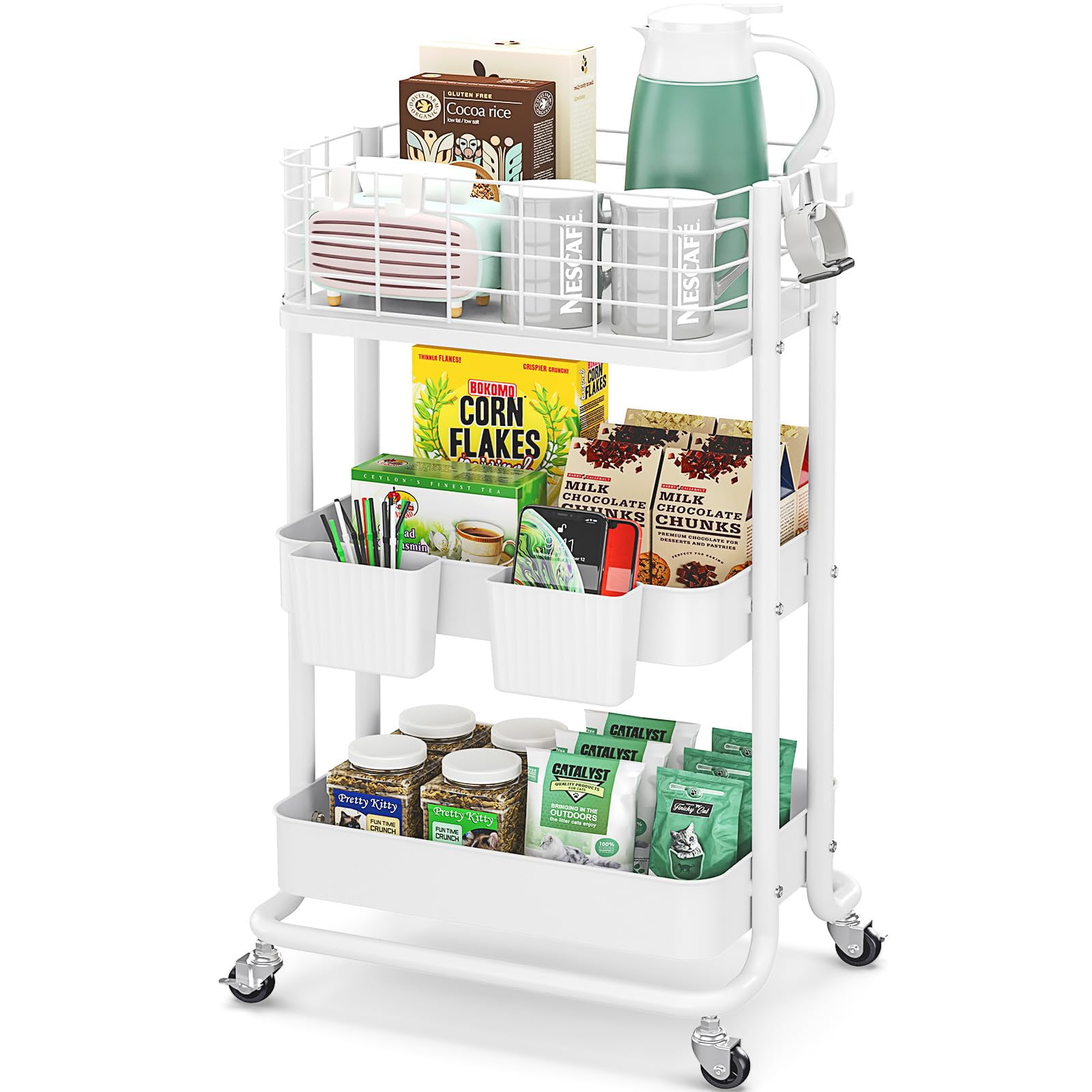KINGRACK 3 Tier Rolling Cart, Metal Mobile Storage Shelf with Lockable ...