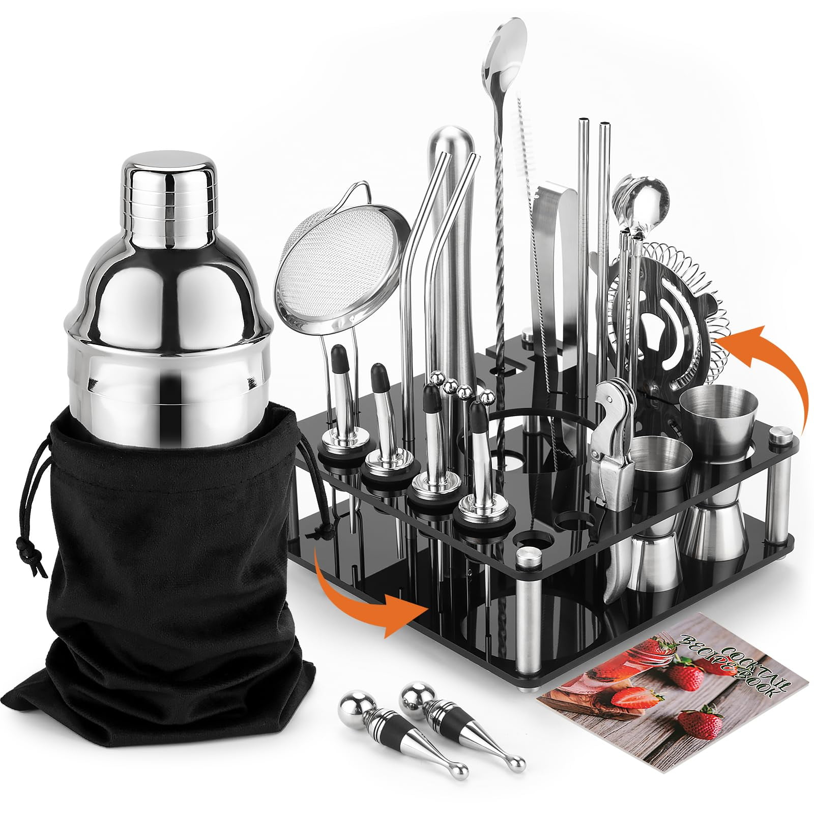 KINGROW Cocktail Shaker Set 29-Piece Bartender Kit with Rotating Stand ...