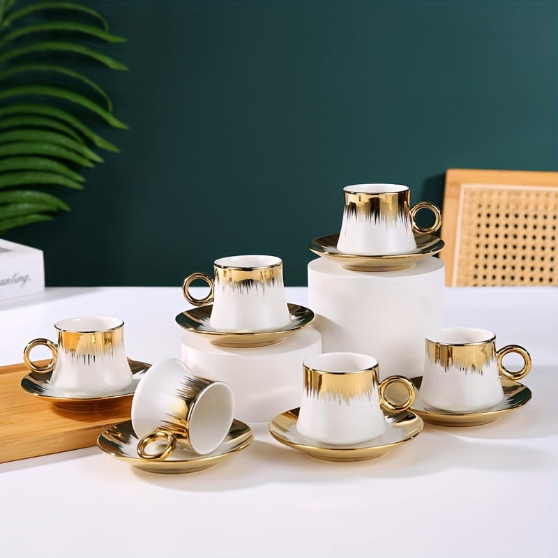 KINGSS 6 Sets Golden Pattern White Teacups And Saucers Ceramic Coffee Cup And Saucer Plate ...
