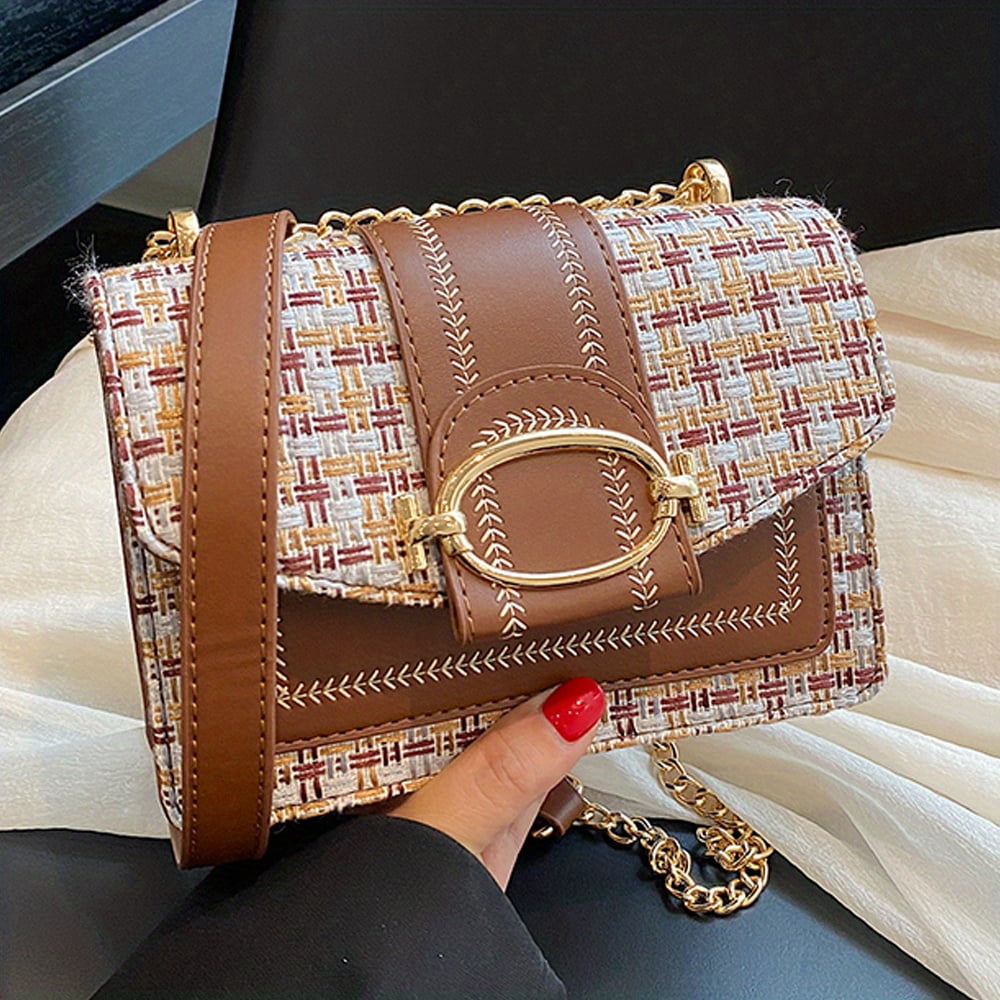 KINGSS Plaid Pattern Tweed Bag Buckle Decor Shoulder Square Bag Chain ...