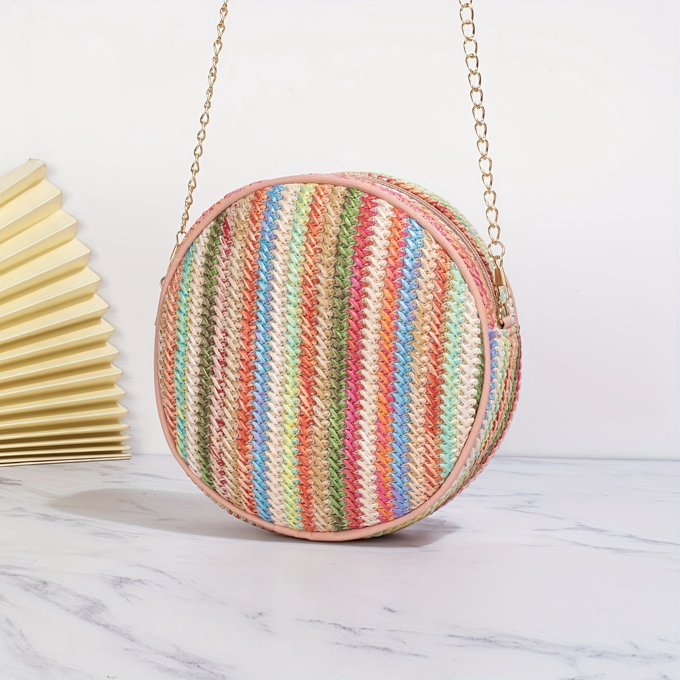 KINGSS Straw Woven Round Bag Fashion Chain Crossbody Bag Rainbow Beach ...