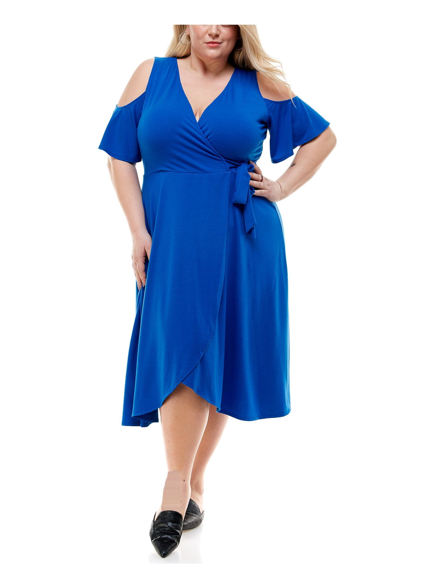 KINGSTON GREY Womens Blue Cold Shoulder Tie Flutter Sleeve Surplice ...