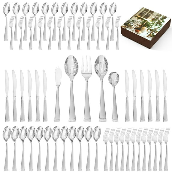 KINGSTONE Silverware Set, 65-Piece Flatware Set for 12, 18/10 Stainless ...