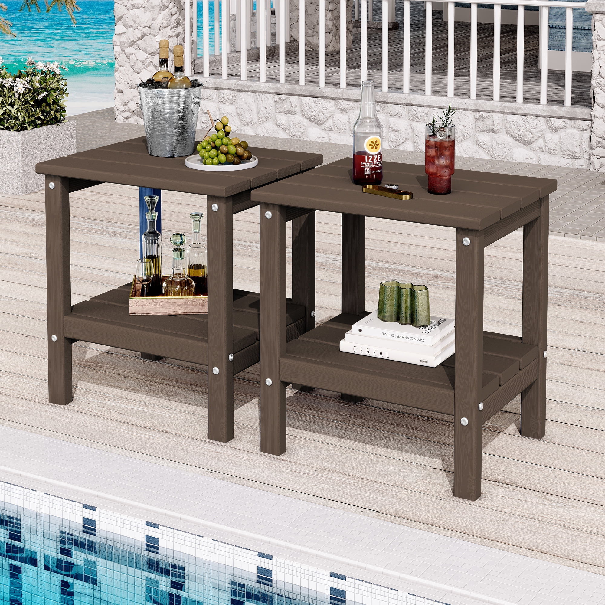 KINGYES 2-Tier Outdoor Side Table Set of 2, HDPE All Weather Adirondack ...