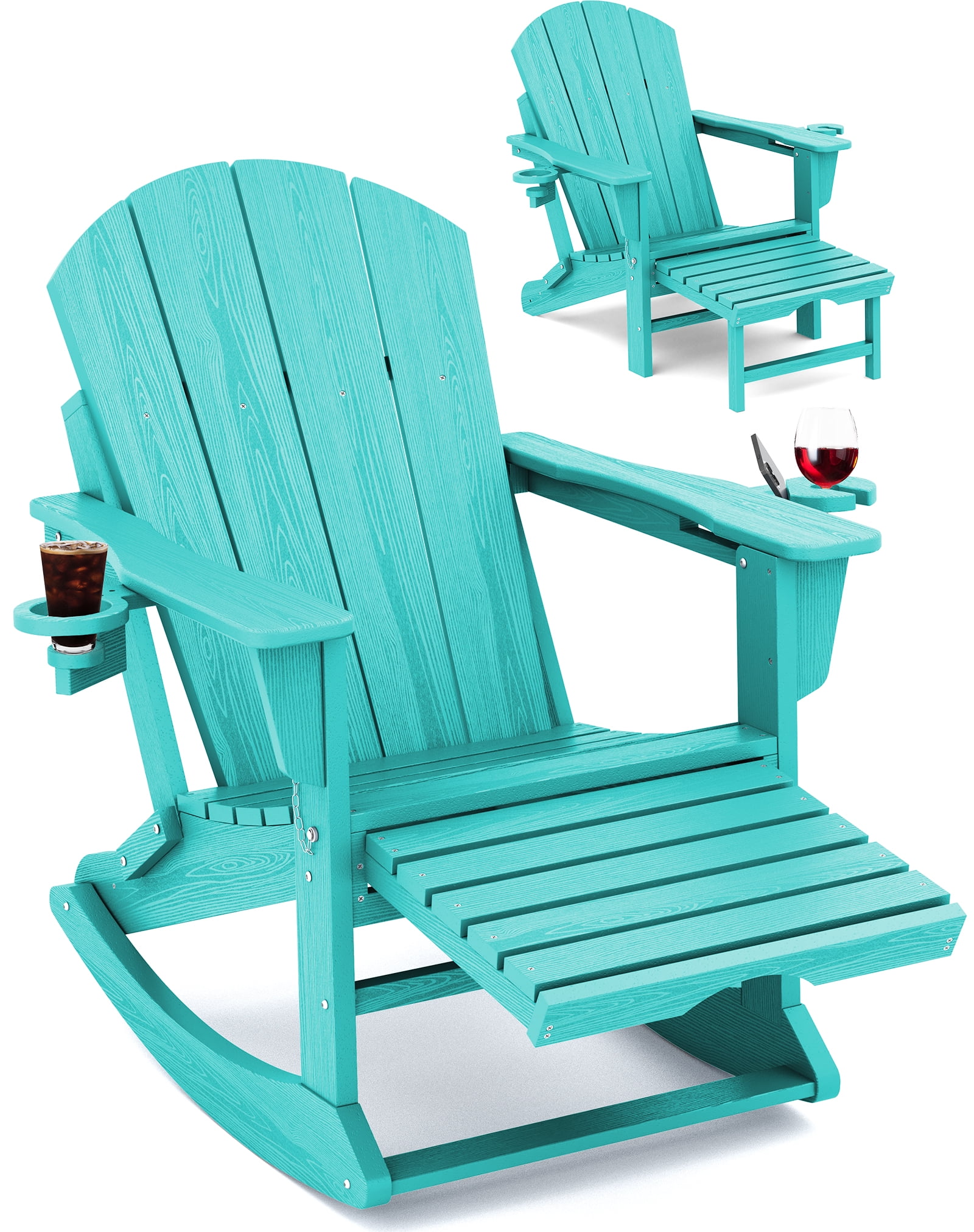 KINGYES Adirondack Rocking Chair with Retractable Ottoman and Cup ...