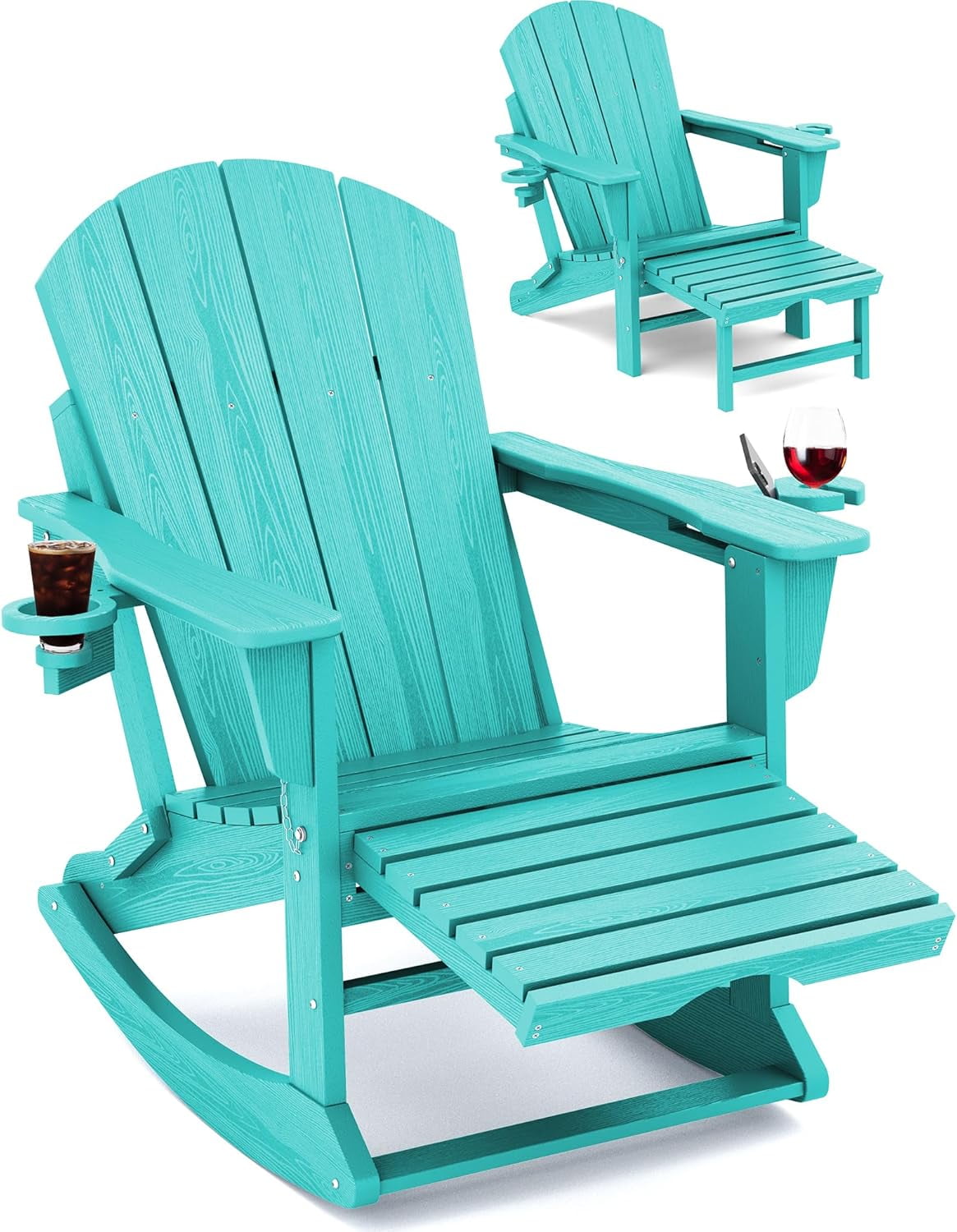 KINGYES Adirondack Rocking Chair with Retractable Ottoman and Cup ...