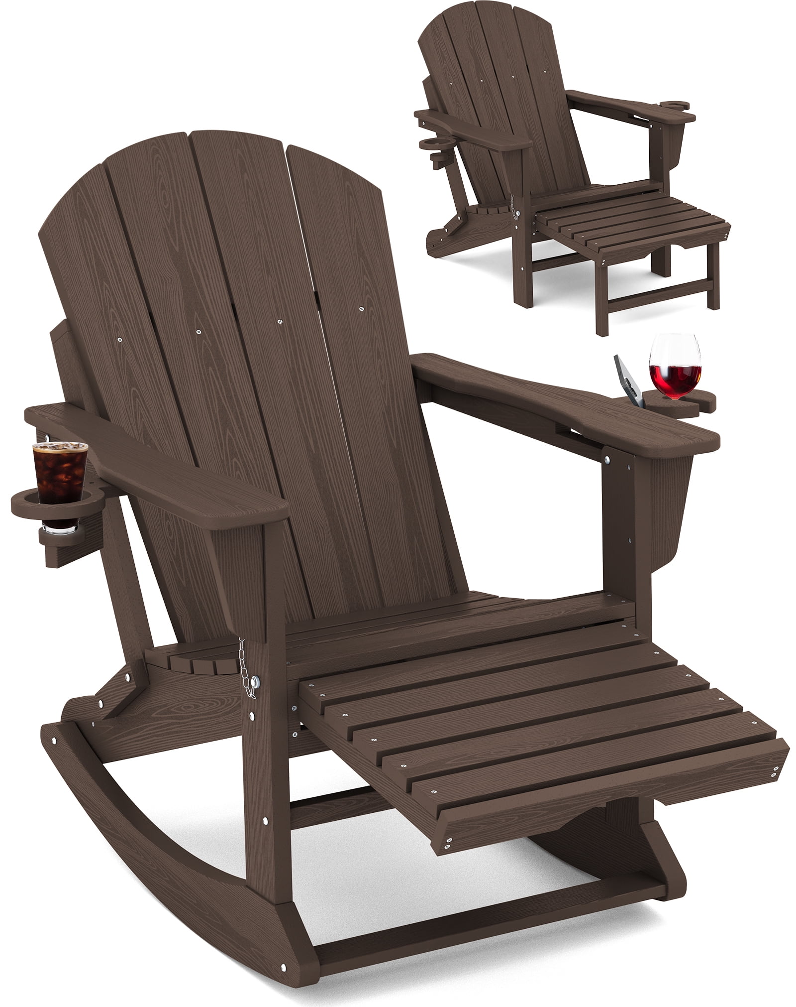 KINGYES Adirondack Rocking Chair with Retractable Ottoman and Cup ...