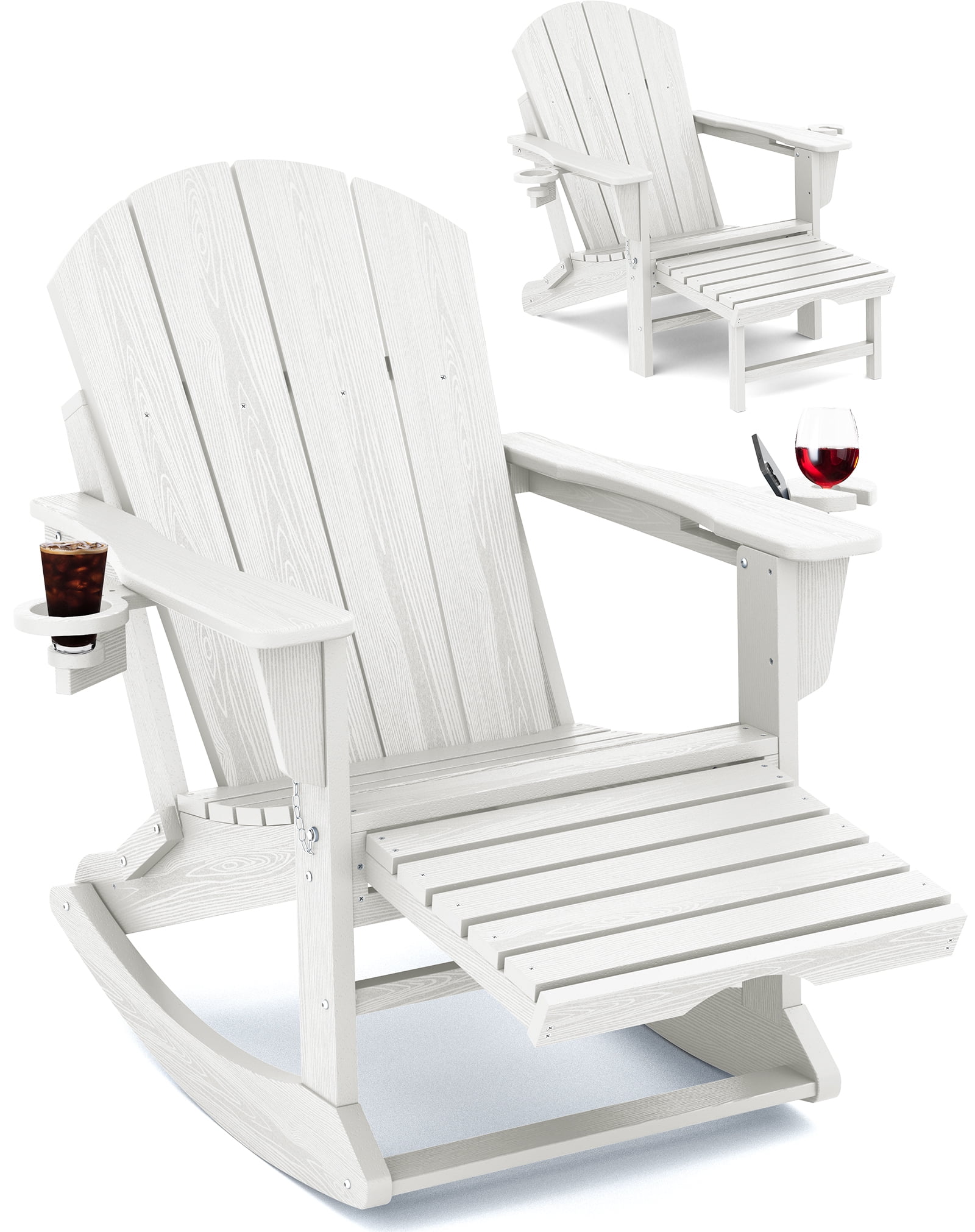 KINGYES Adirondack Rocking Chair with Retractable Ottoman and Cup ...