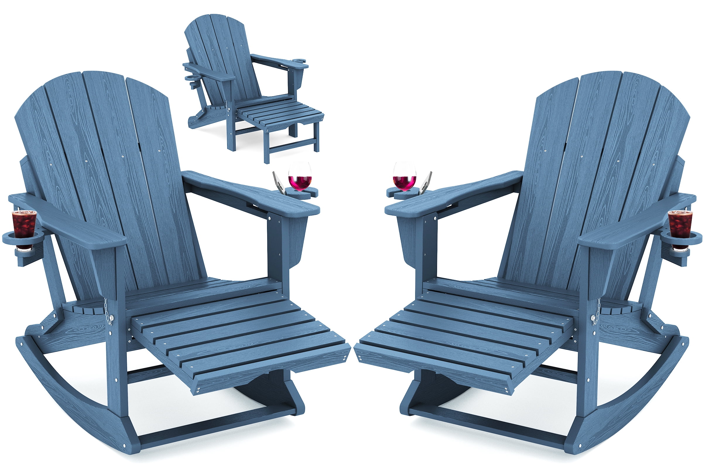 KINGYES Adirondack Rocking Chair Set of 2 with Retractable Ottoman and ...