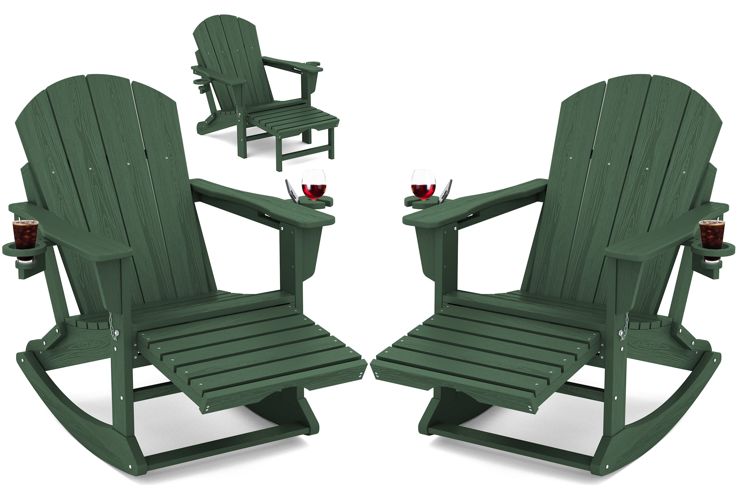 KINGYES Adirondack Rocking Chair Set of 2 with Retractable Ottoman and ...